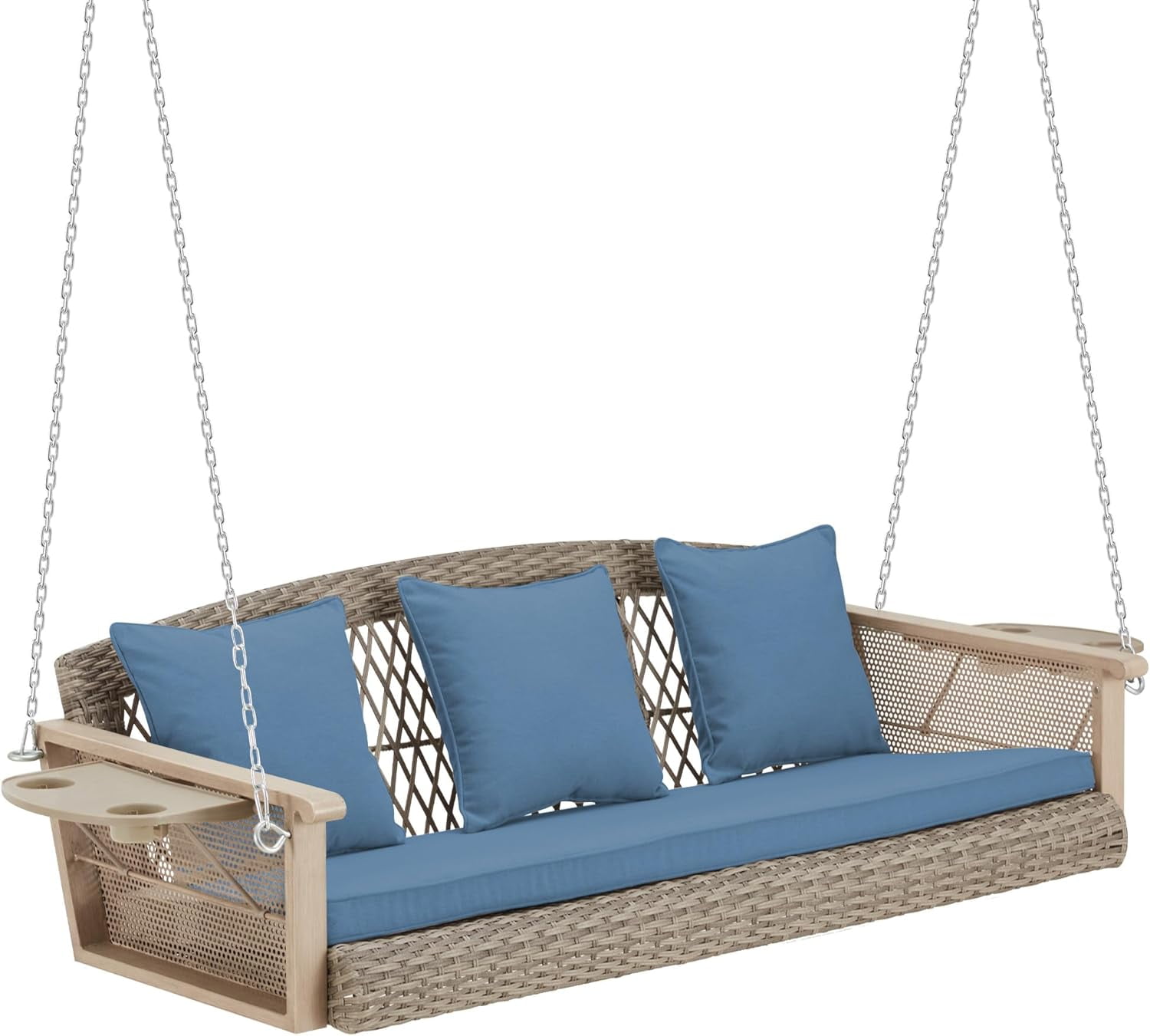 3-Seat Wicker Hanging Porch Swing Outdoor with Non-Spill Cup Holder ...