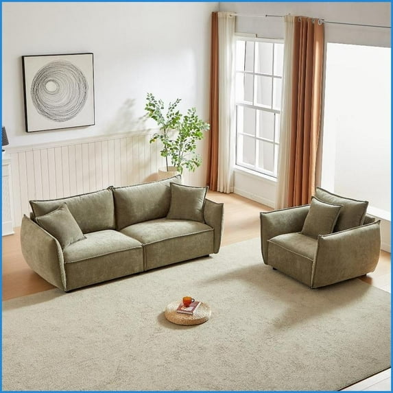 3-Seater + 1-Seater Modern Living Room Sofa Combo, Soft Chenille Fabric ...