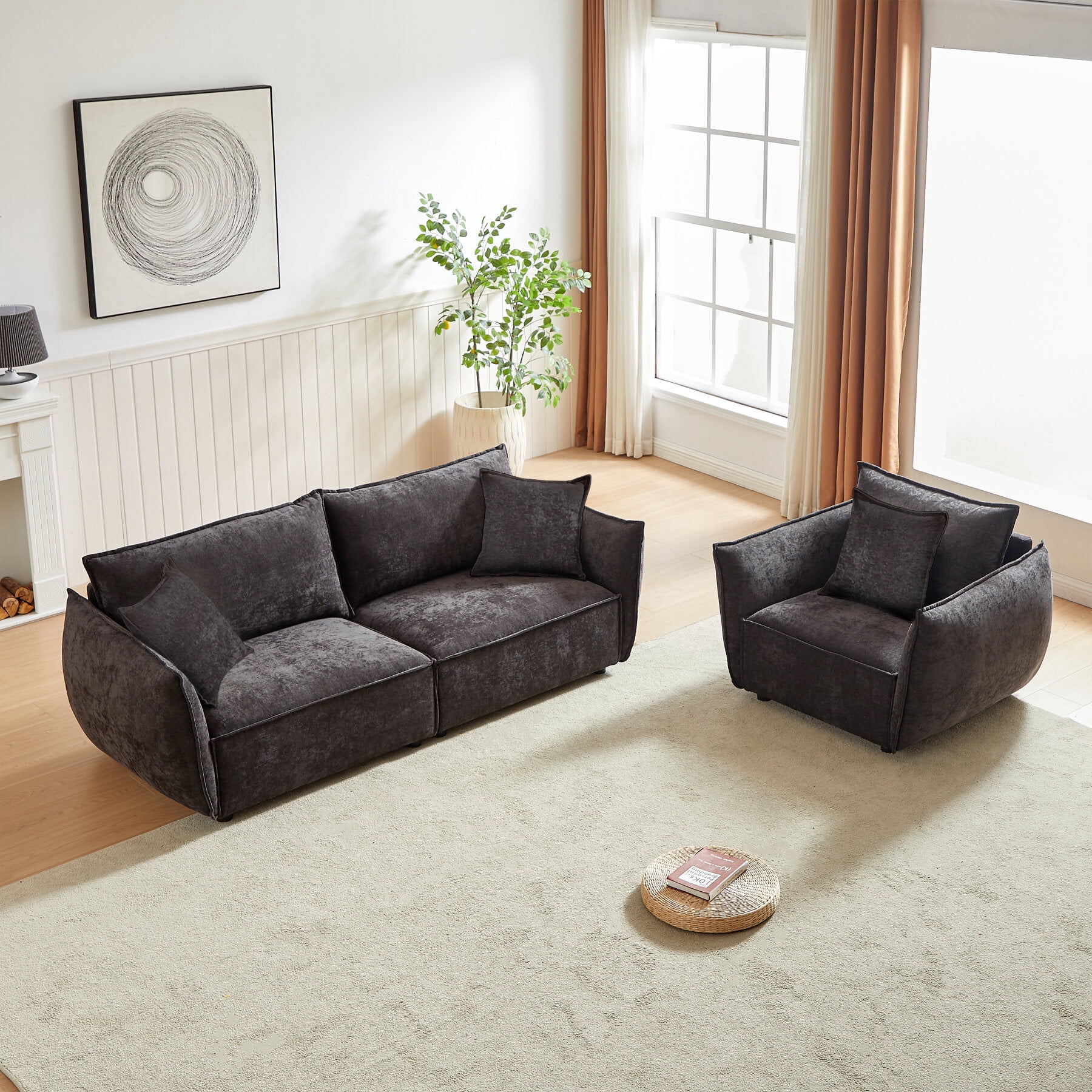 3-Seater + 1-Seater Stylish chenille Combo Sofa with 3 Pillows, Modern ...