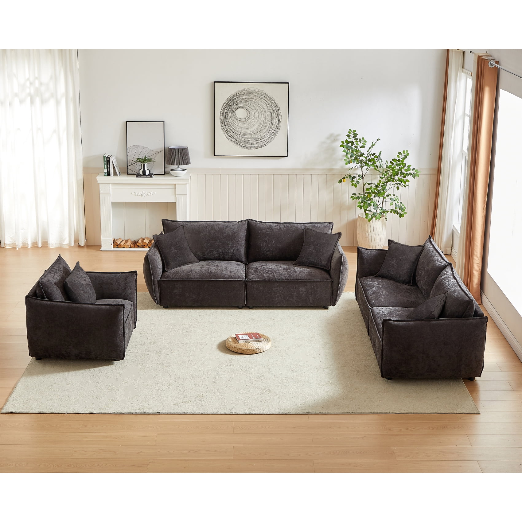3-Seater + 3-Seater + 1-Seater Stylish chenille Combo Sofa with 5 ...