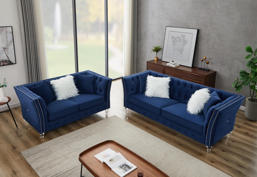 3-Seater and 2-Seater Sofa Set, Modern Velvet Lounge Couch Sofa with ...