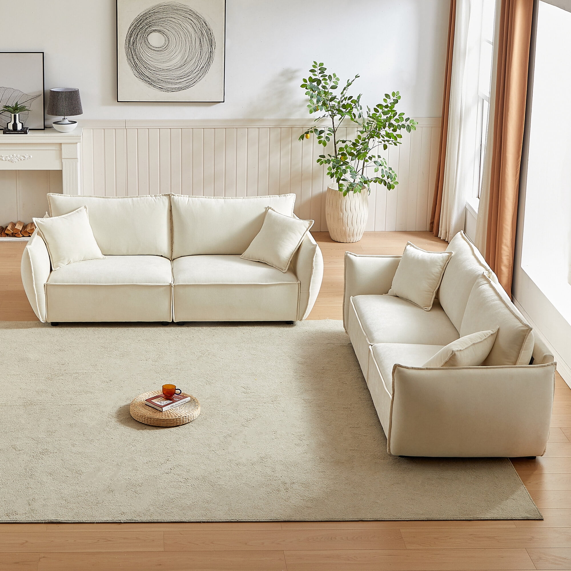3-Seater + 3-Seater Stylish chenille Combo Sofa with 4 Pillows, Modern ...