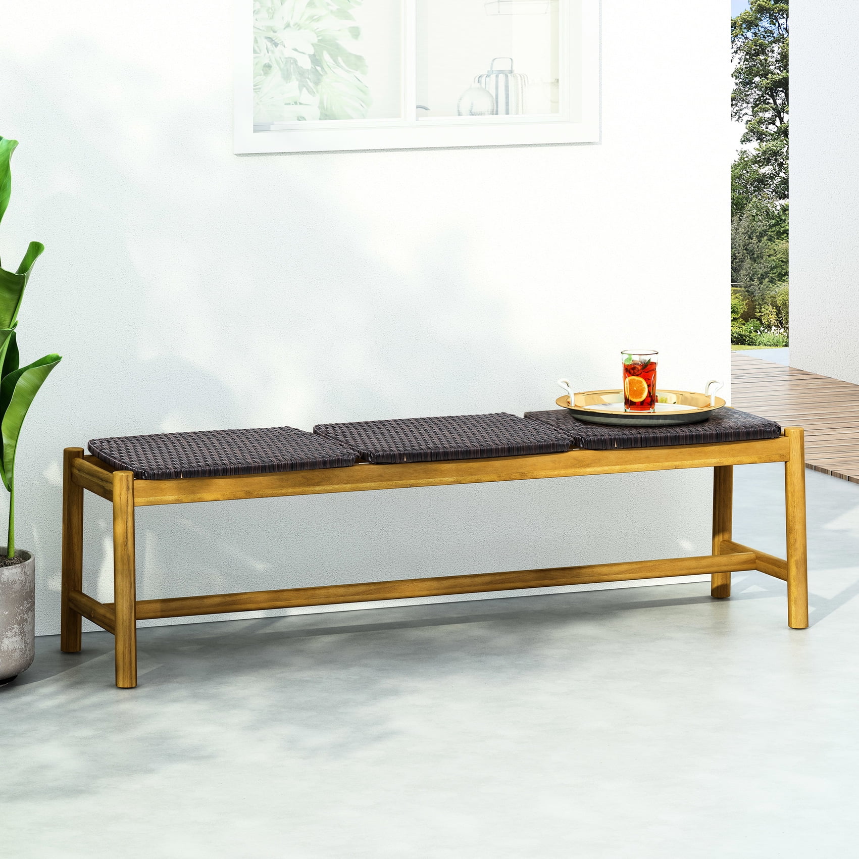 3 Seater Bench - Teak Acacia Wood - 61.50 in Depth, 16.25 in Width, 17. ...