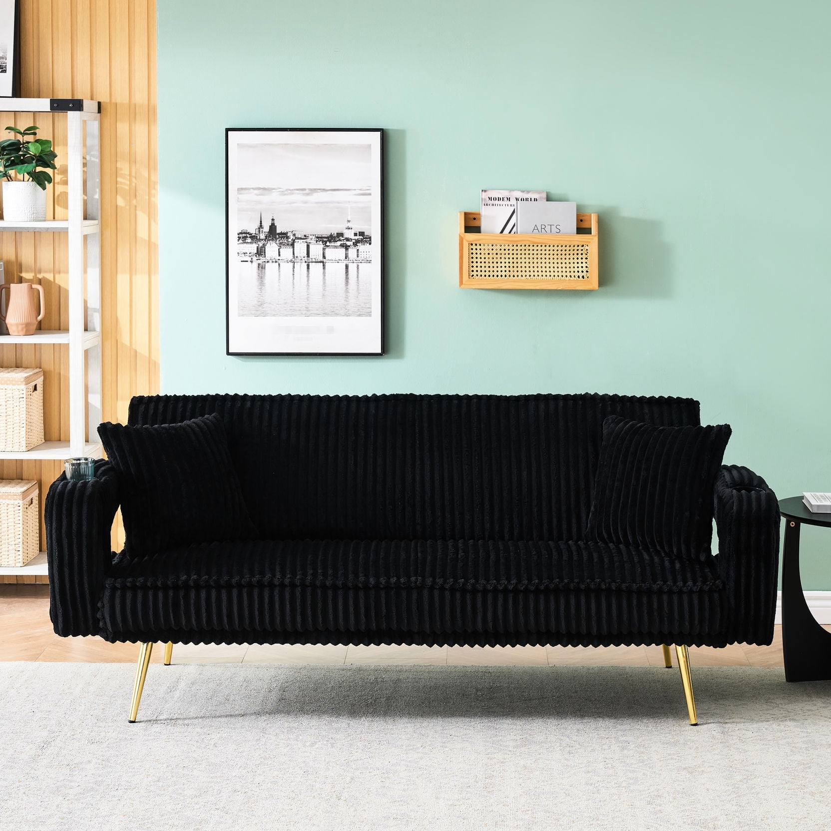 3-Seater Black Corduroy Sofa, Solid Wood and Wood-Based Panel Frame ...