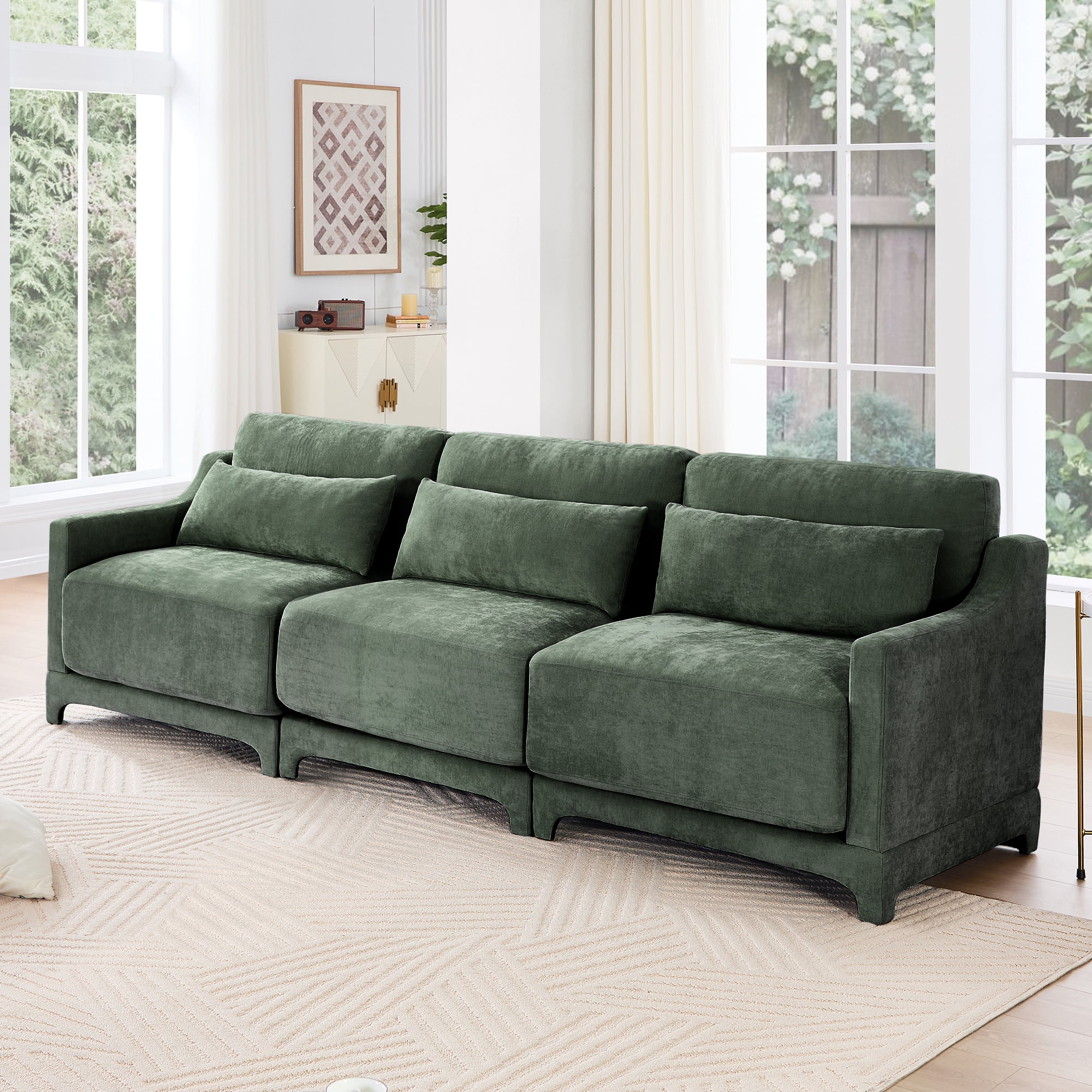3-Seater Chenille Sofa Couch with Lumbar Pillow, Ergonomic Wooden Base and High-Resilience ...