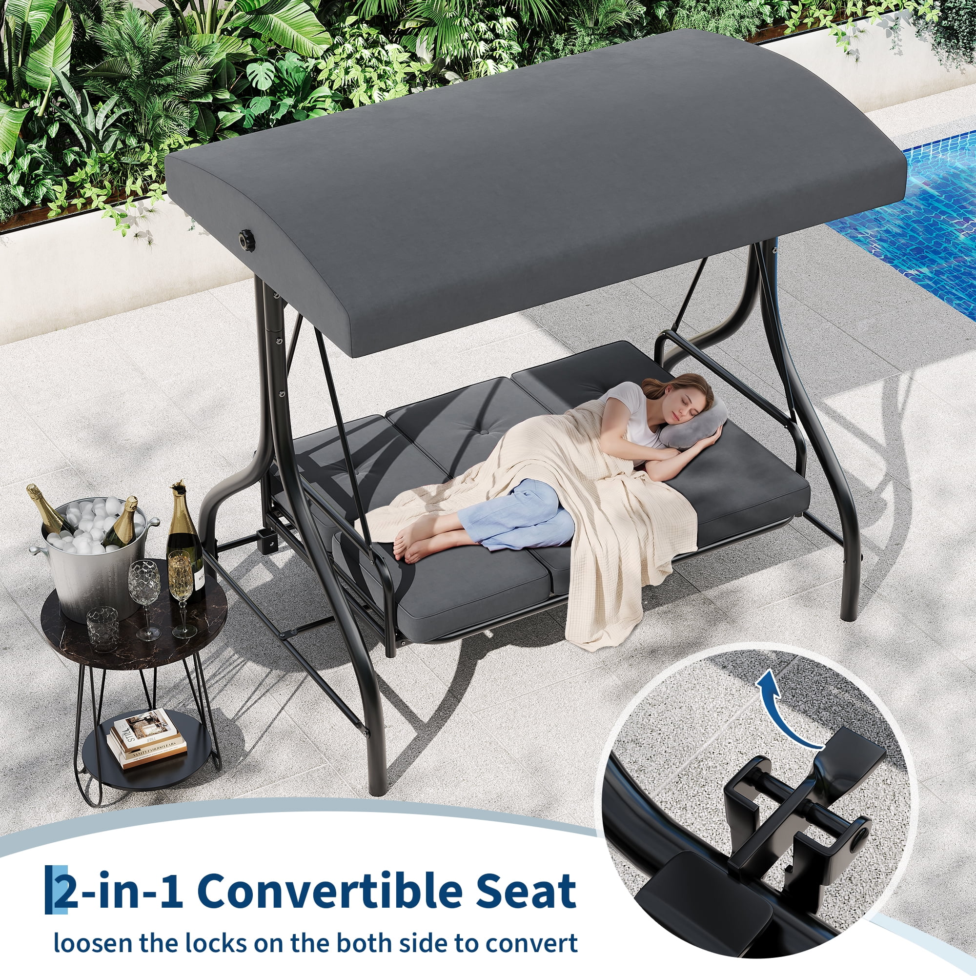 3-Seater Convertible Outdoor Porch Swing Bed with Stand - Adjustable ...