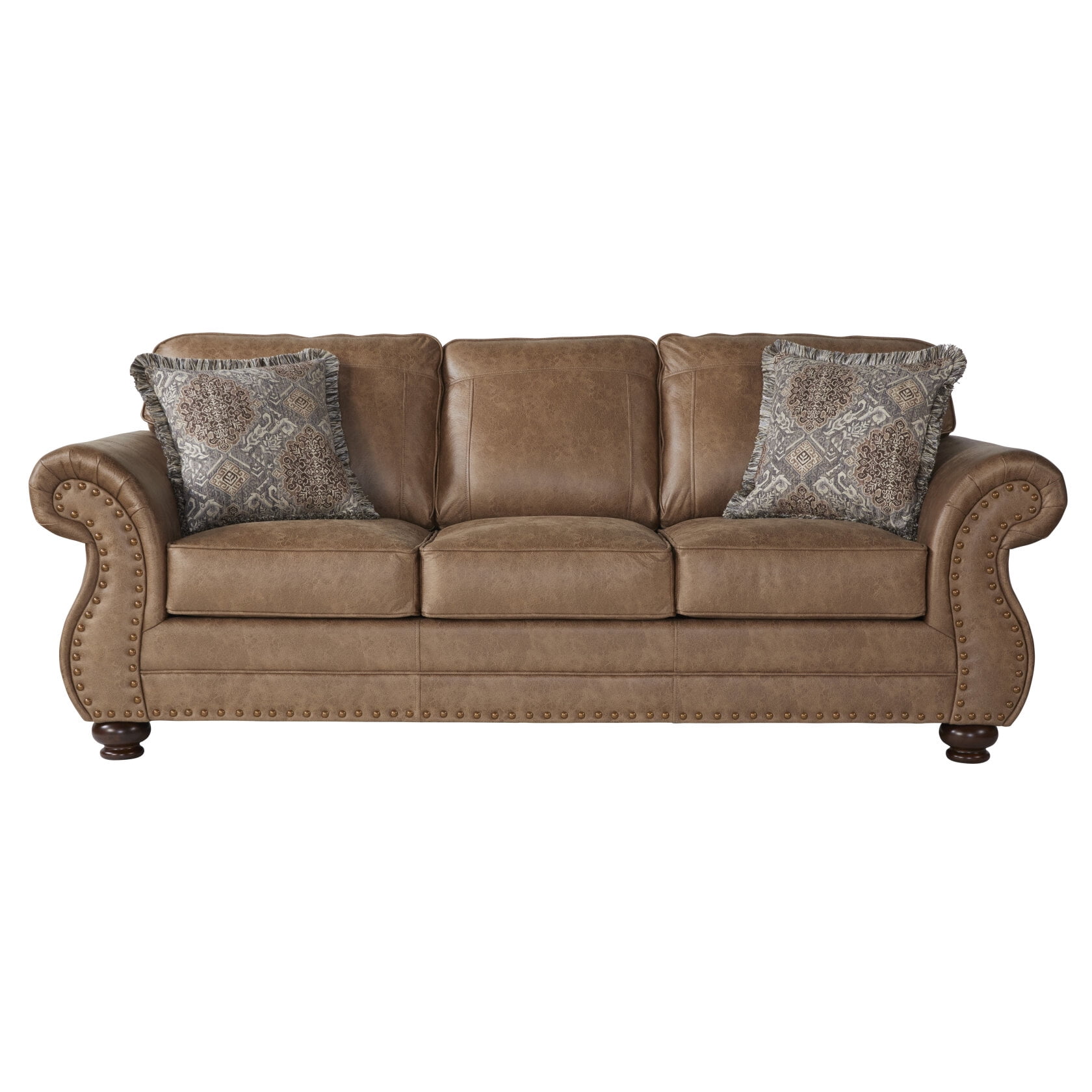 3-Seater Couches with Wood Bun Feet and 2 Accent Pillows, Faux Leather ...