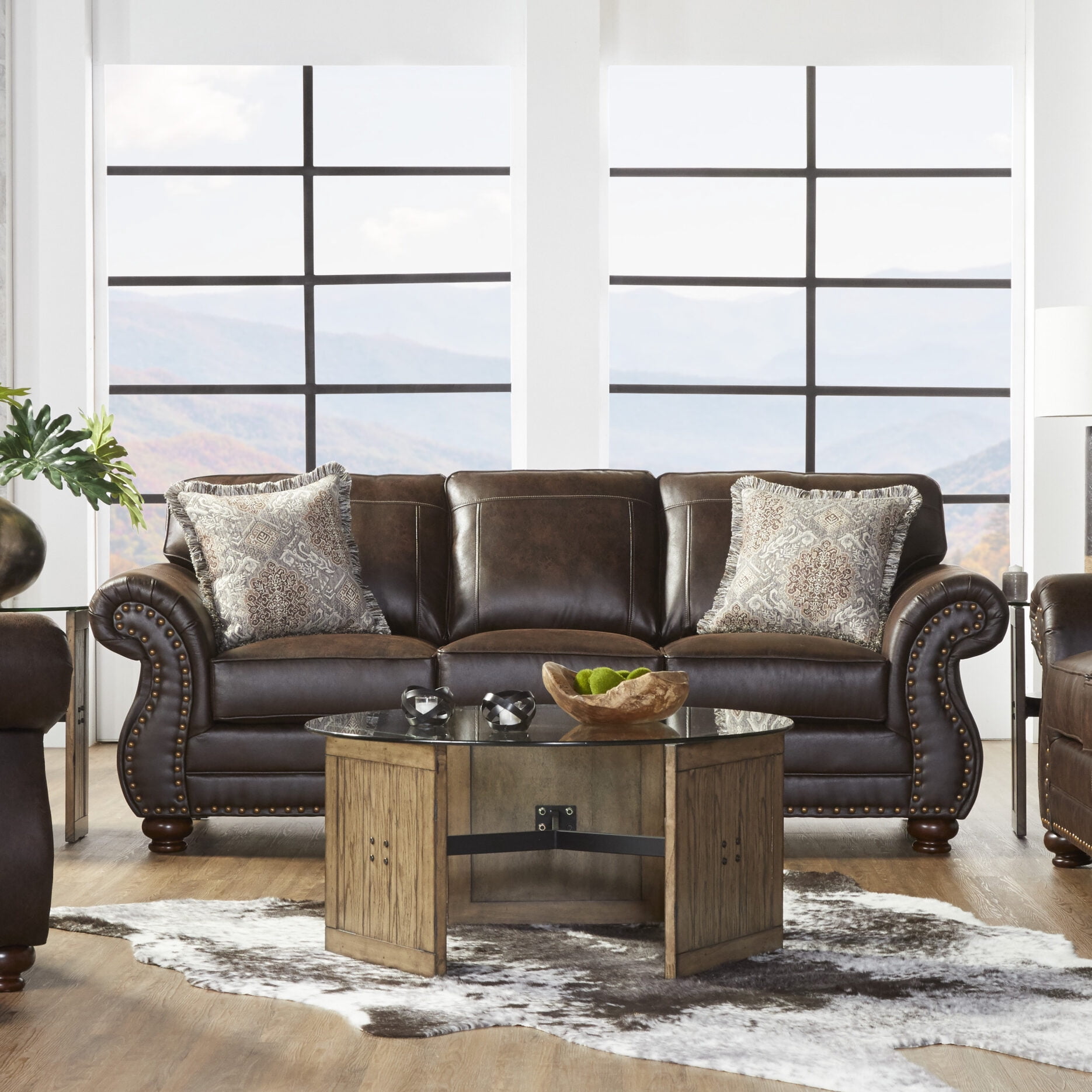 3-Seater Couches with Wood Bun Feet and 2 Accent Pillows, Faux Leather ...