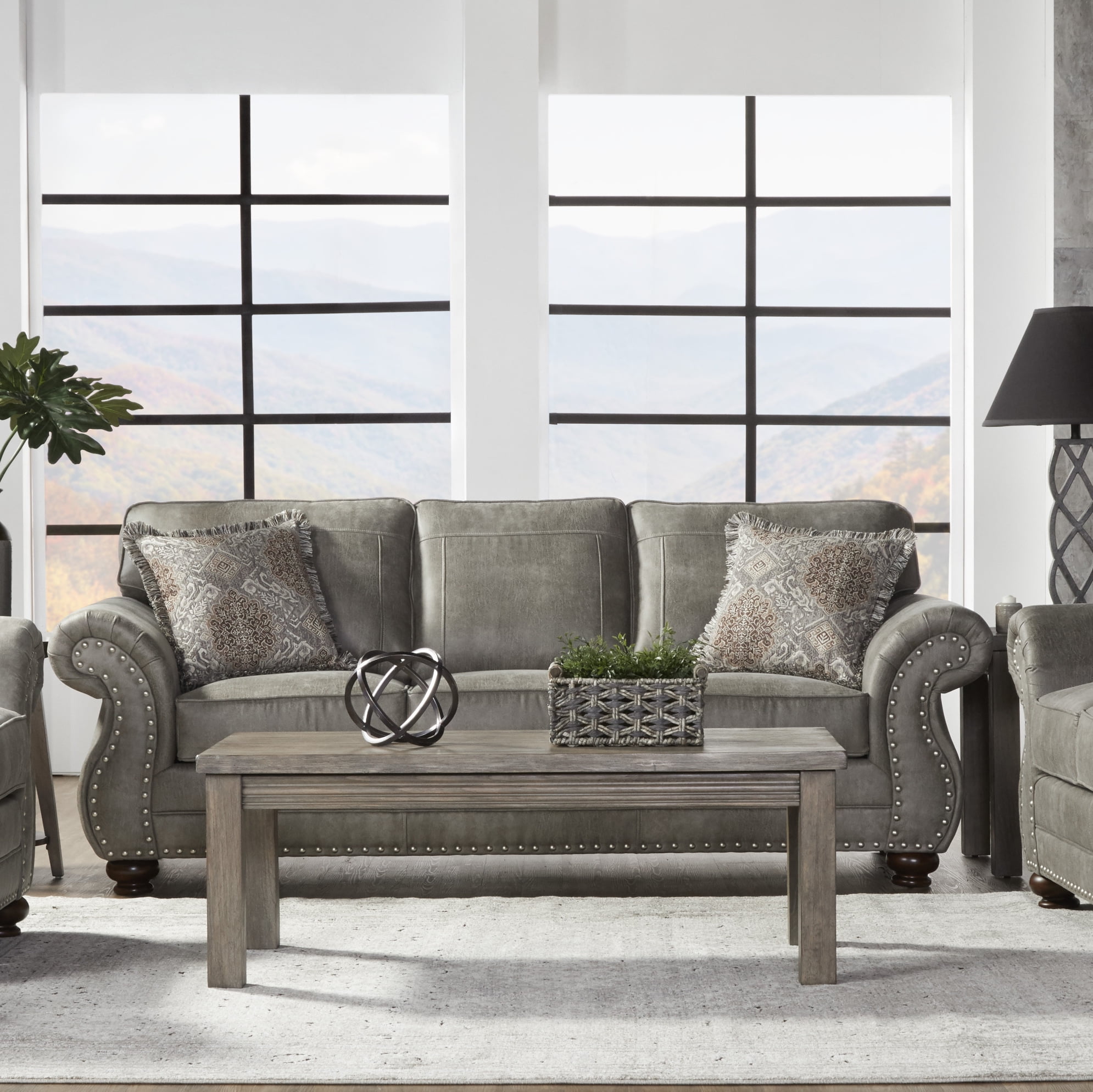 3-Seater Couches with Wood Bun Feet and 2 Accent Pillows, Faux Leather ...