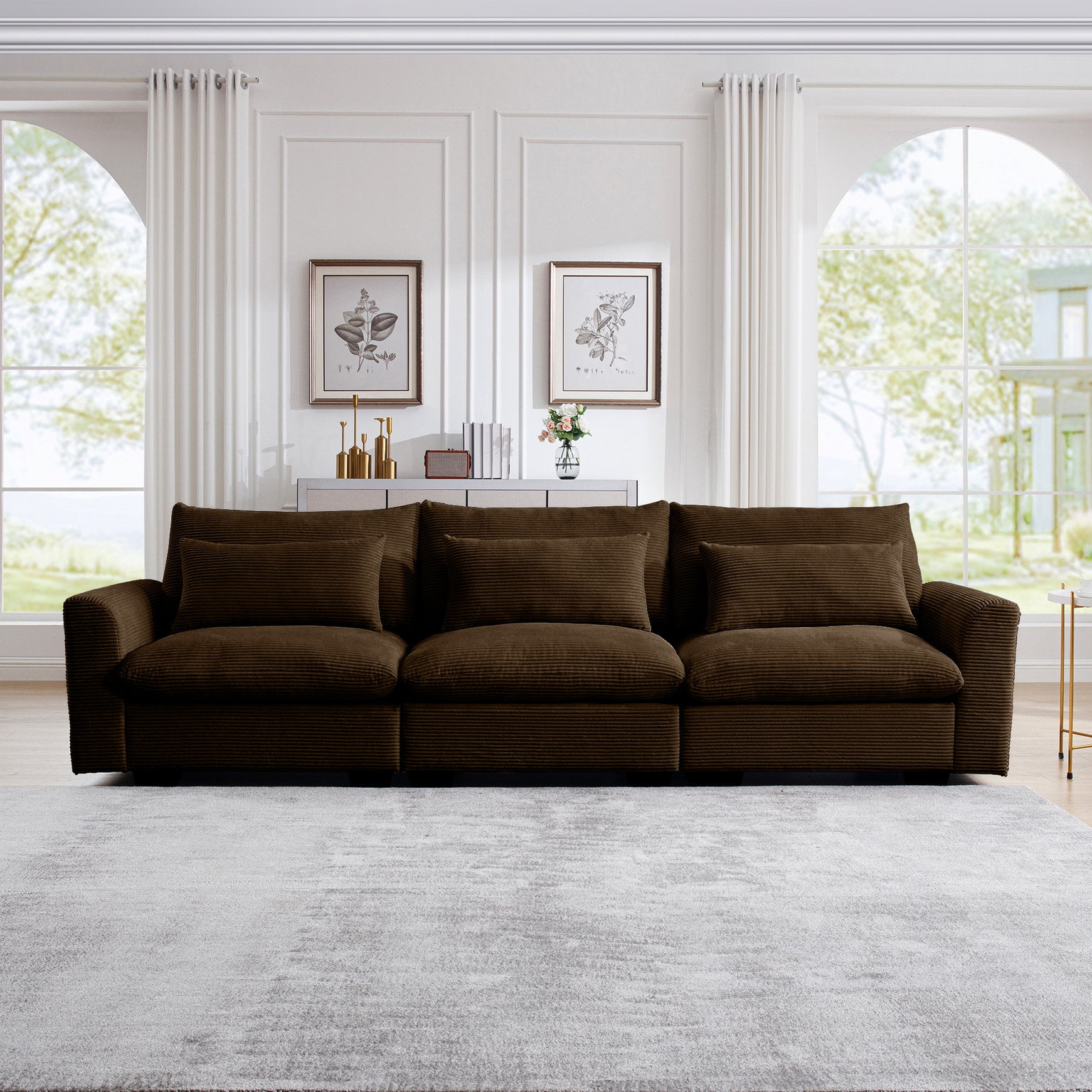 3 Seater Deep Seat Couch with Ergonomic Design in Brown Corduroy for ...