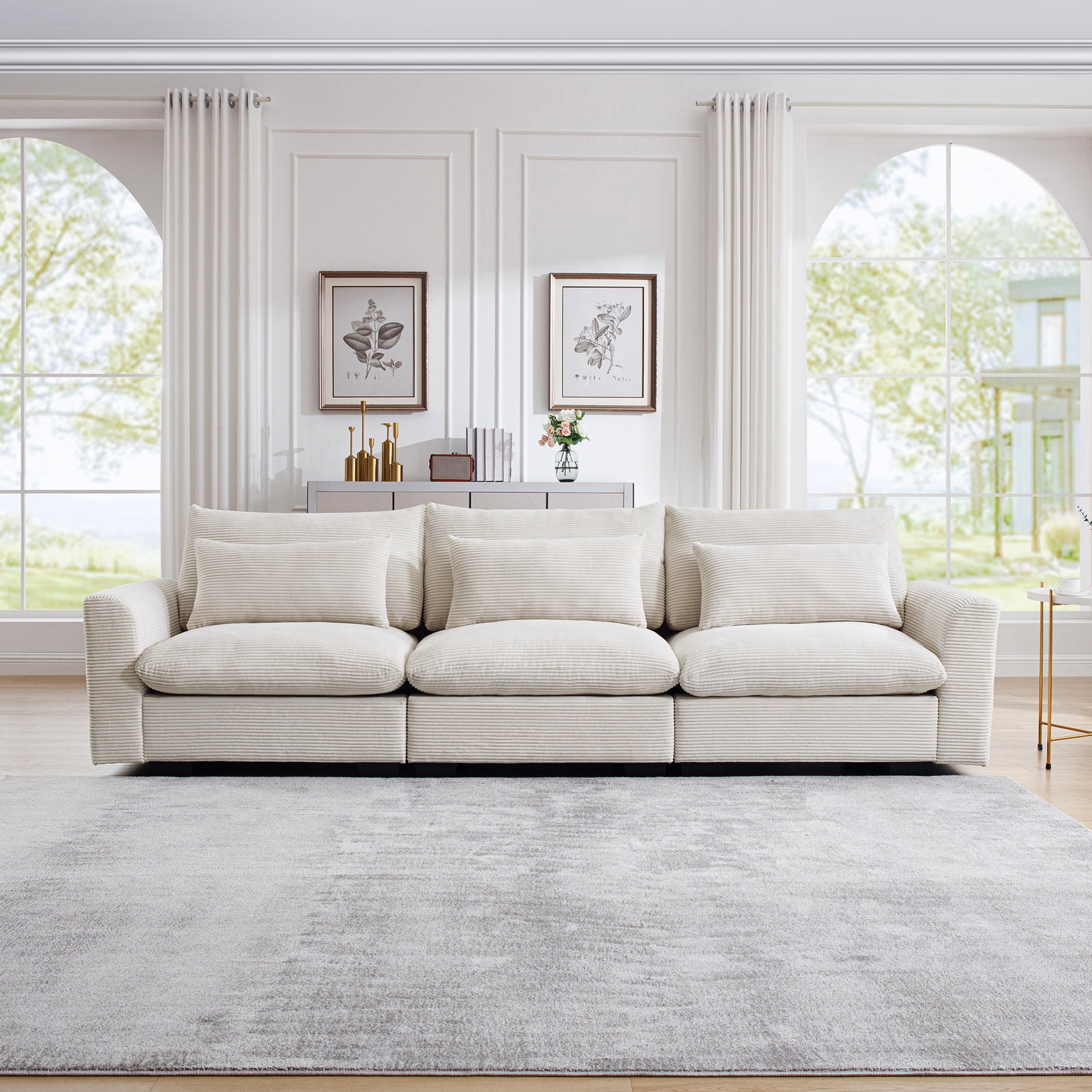 3 Seater Deep Seat For Living Area Utilization - Beige Corduroy ...