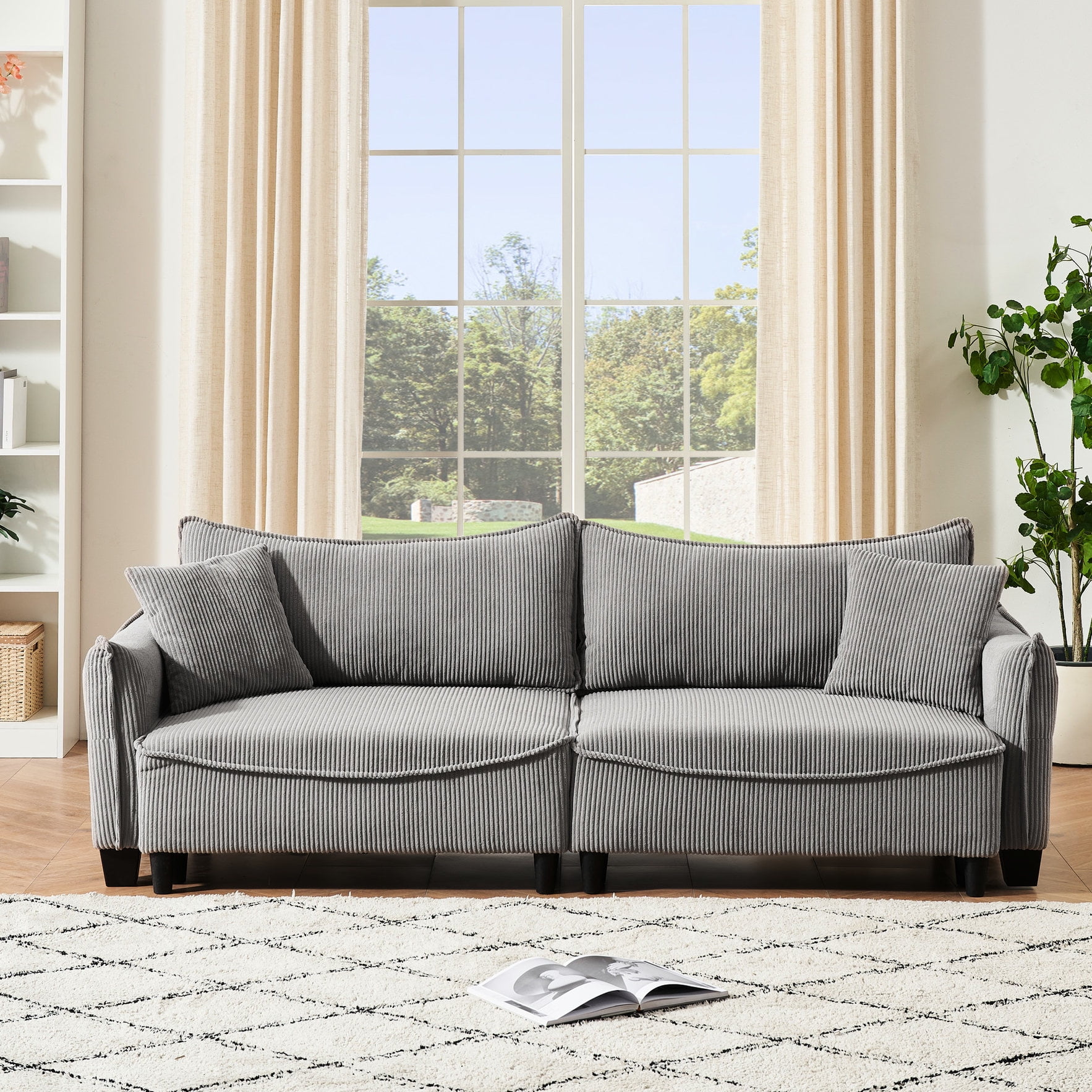 3-Seater Grey Sofa with Corduroy and Throw Pillows, Versatile ...