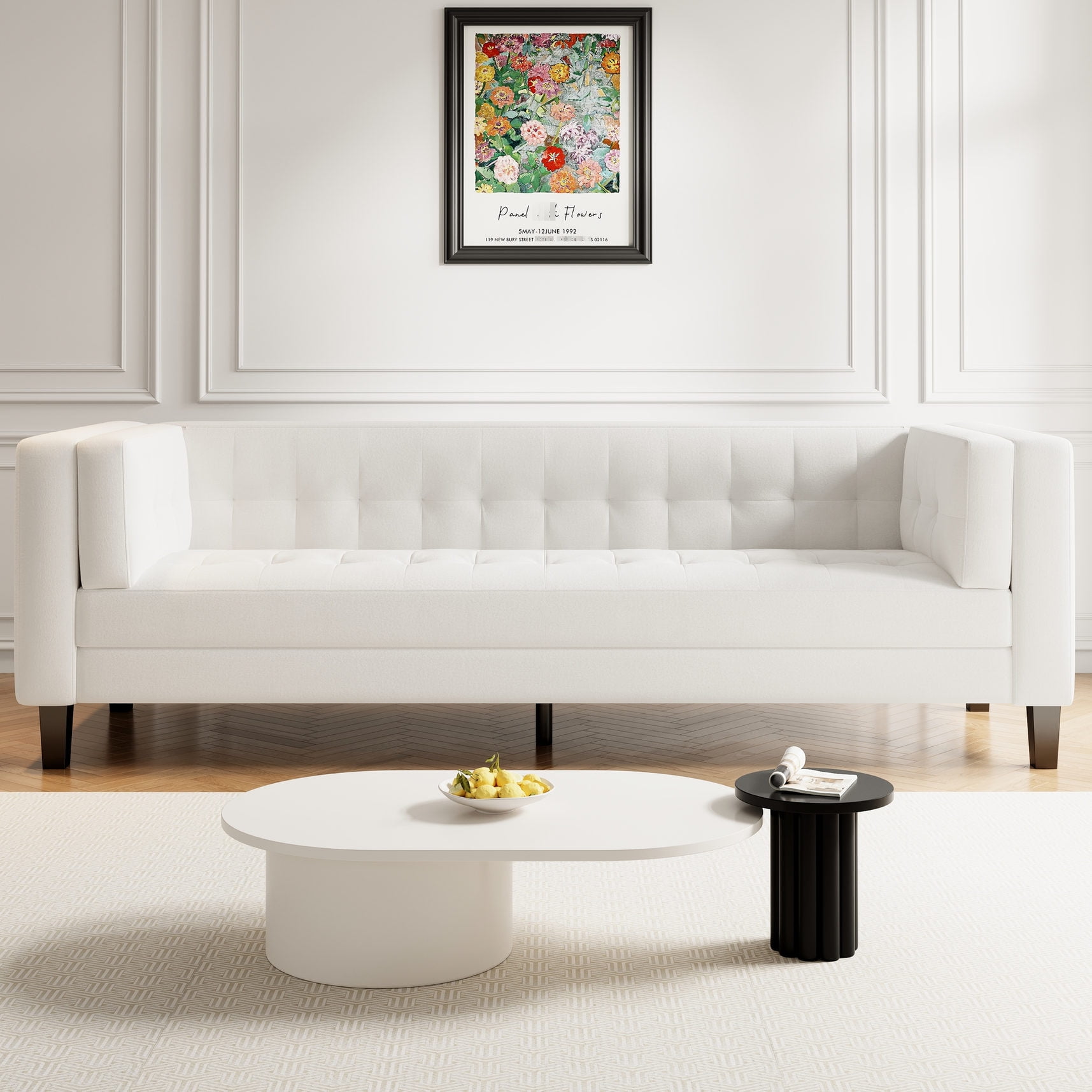 3 - Seater Ivory Velvet Sofa with Solid Wood Legs / Sturdy Support for ...