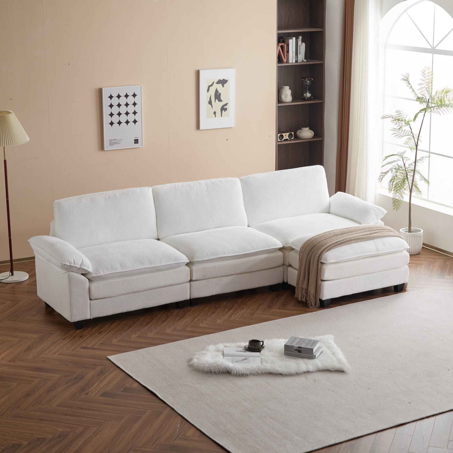 3 Seater Modular Sectional Sofa with Movable Ottoman, L Shaped Corduroy ...