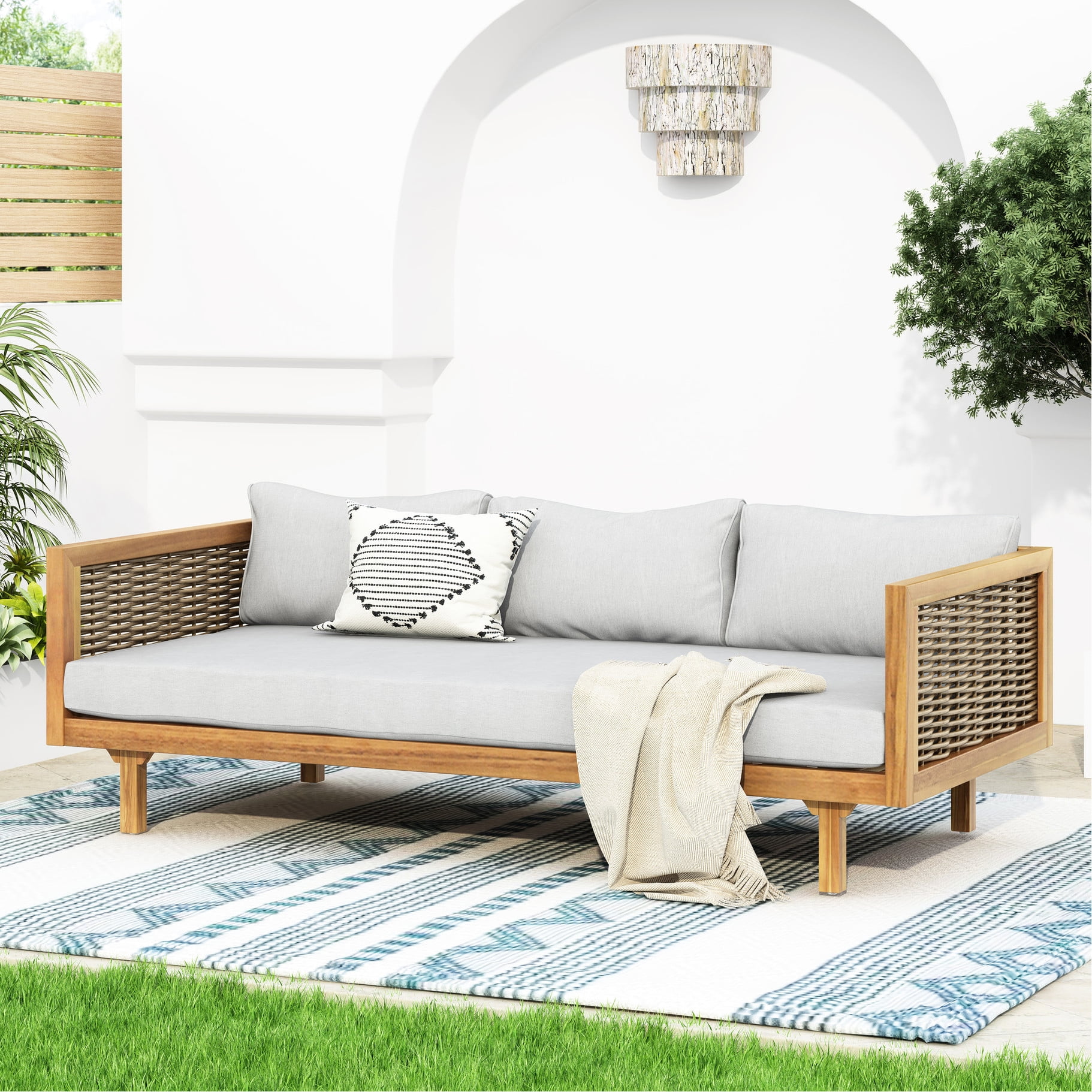 3-Seater Outdoor Daybed | Acacia Wood Frame | Rattan Arms for Exotic ...