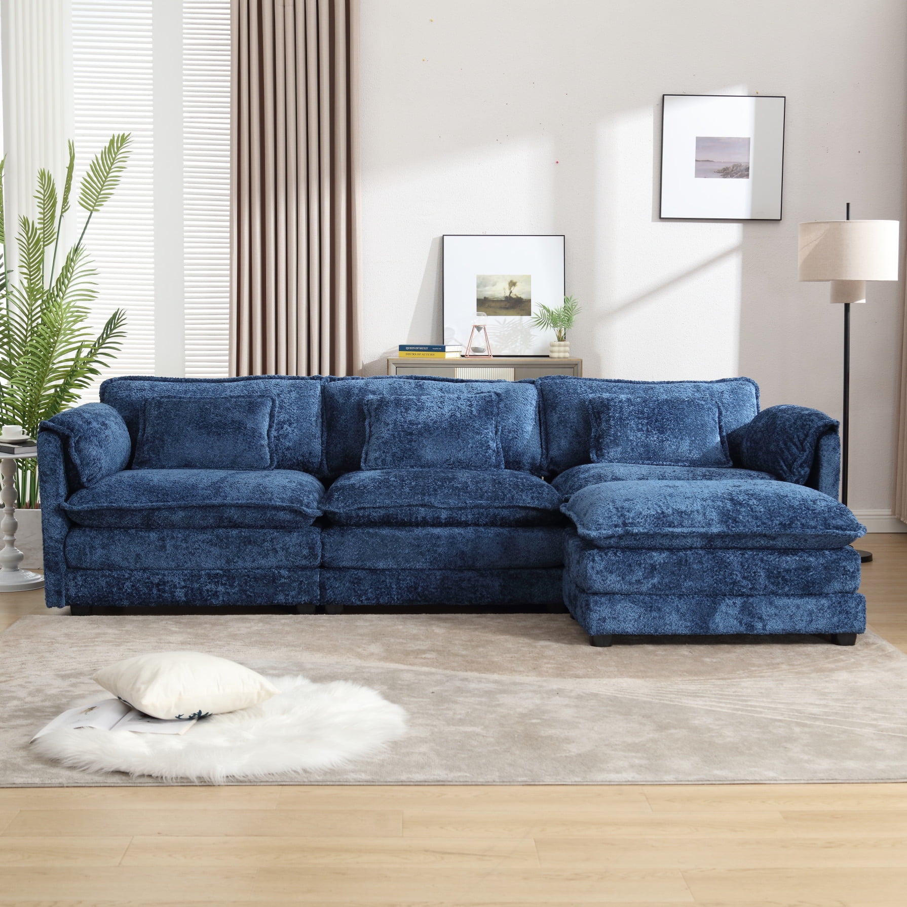 3-Seater Overstuffed Chenille Fabric Sofa Couch with Removable Ottoman ...