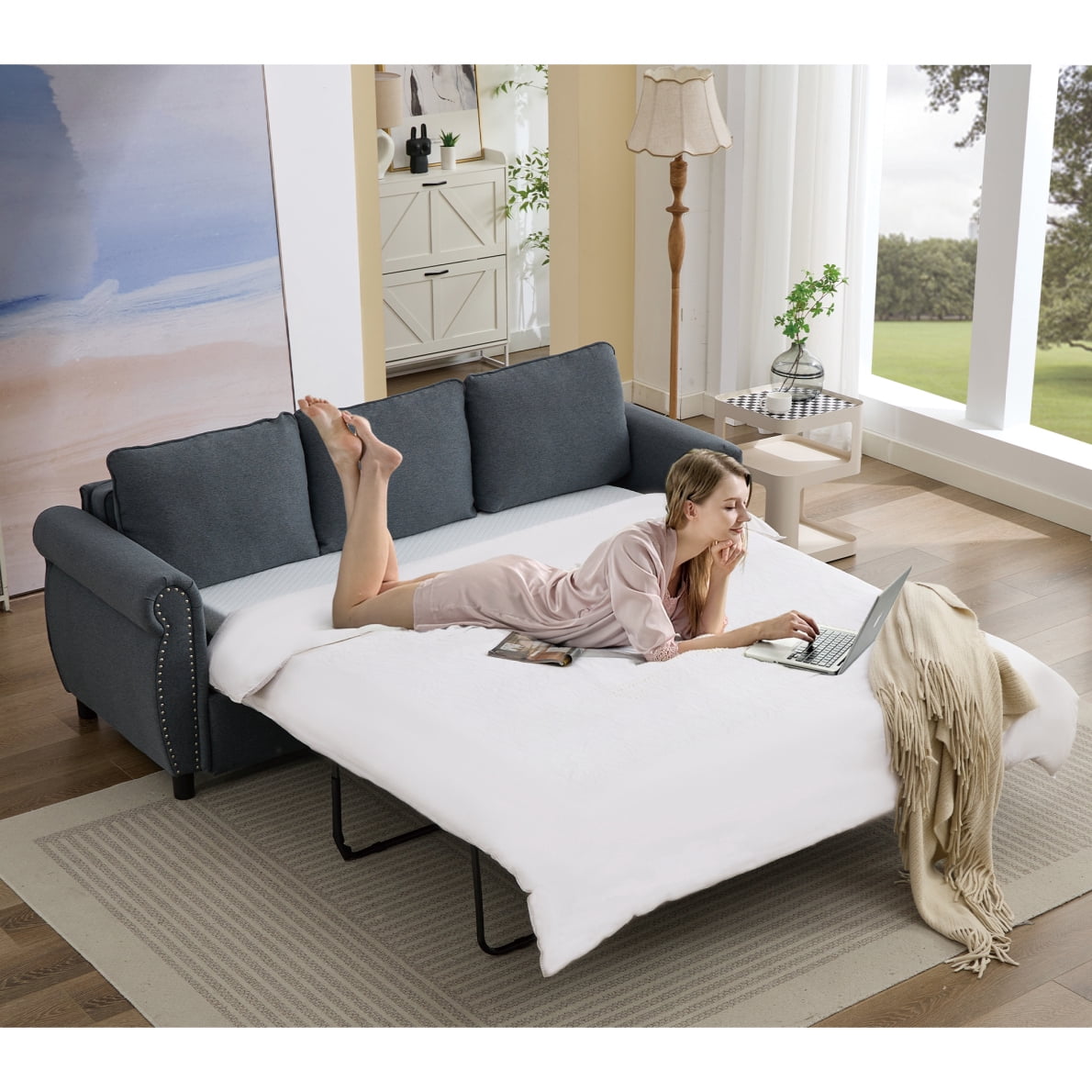 3-Seater Pull out Couch Bed, Queen 2-in-1 Convertible Sleeper Sofa Bed ...