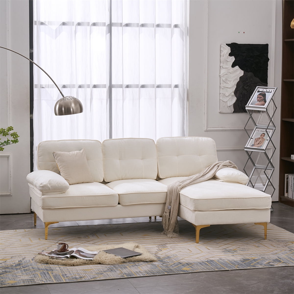 3 Seater Sectional Sofa, L-Shaped Modular Sofa with Gold-Plated Feet ...