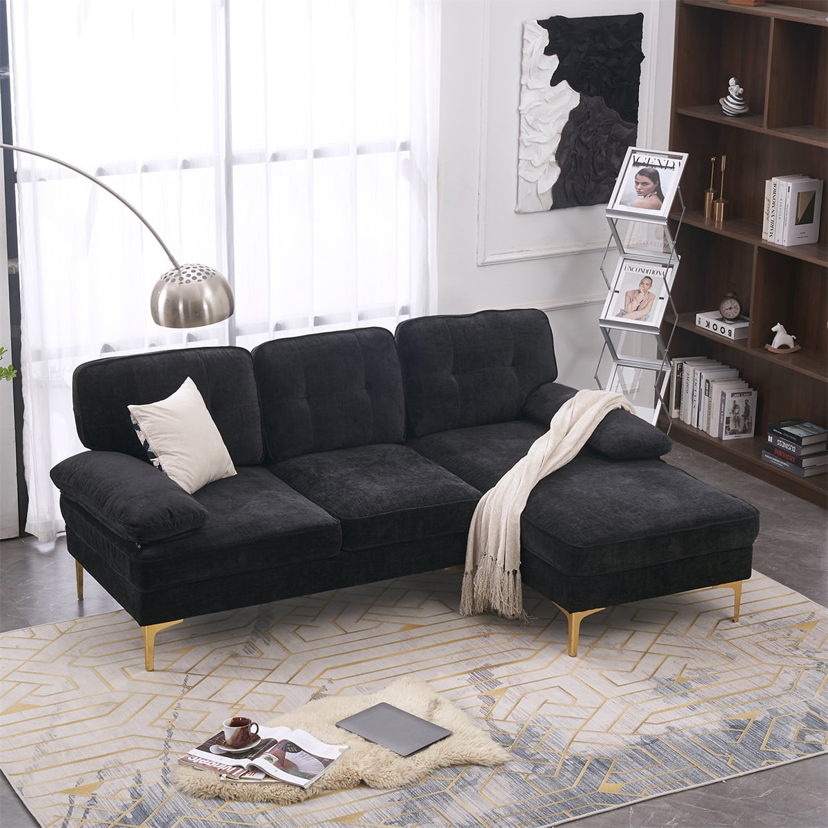 3 Seater Sectional Sofa, L-Shaped Modular Sofa with Gold-Plated Feet ...
