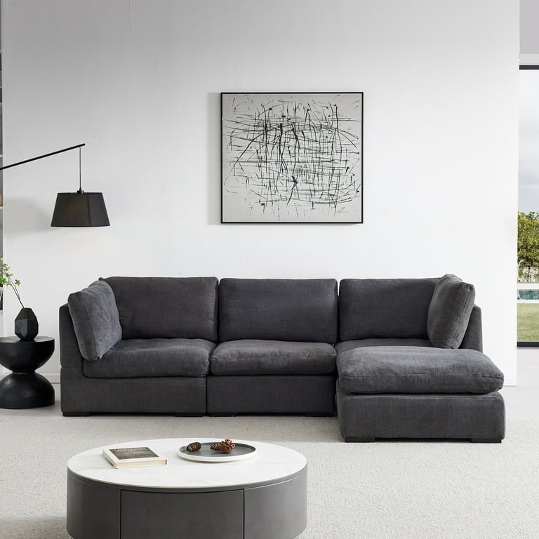 3 Seat Sofa with 1 Adjustable Ottoman L Shape Modular Soft Fabric Sofa with Plush Down Filling Cushions for Living Room 3 1 Ottoman Dark Gray