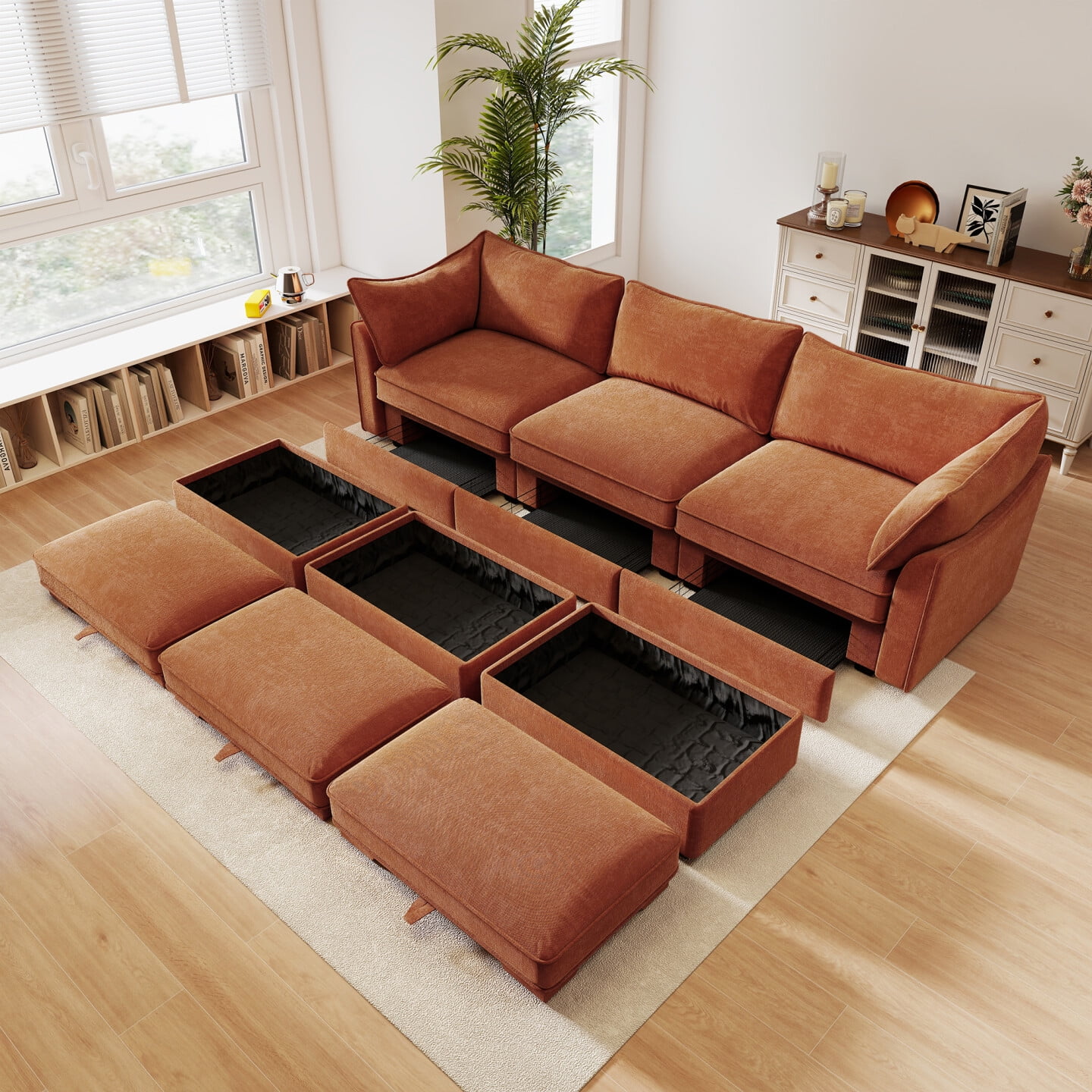 3 Seater Sofa With 3 Ottomans, Modular Sectional Couch with Storage ...