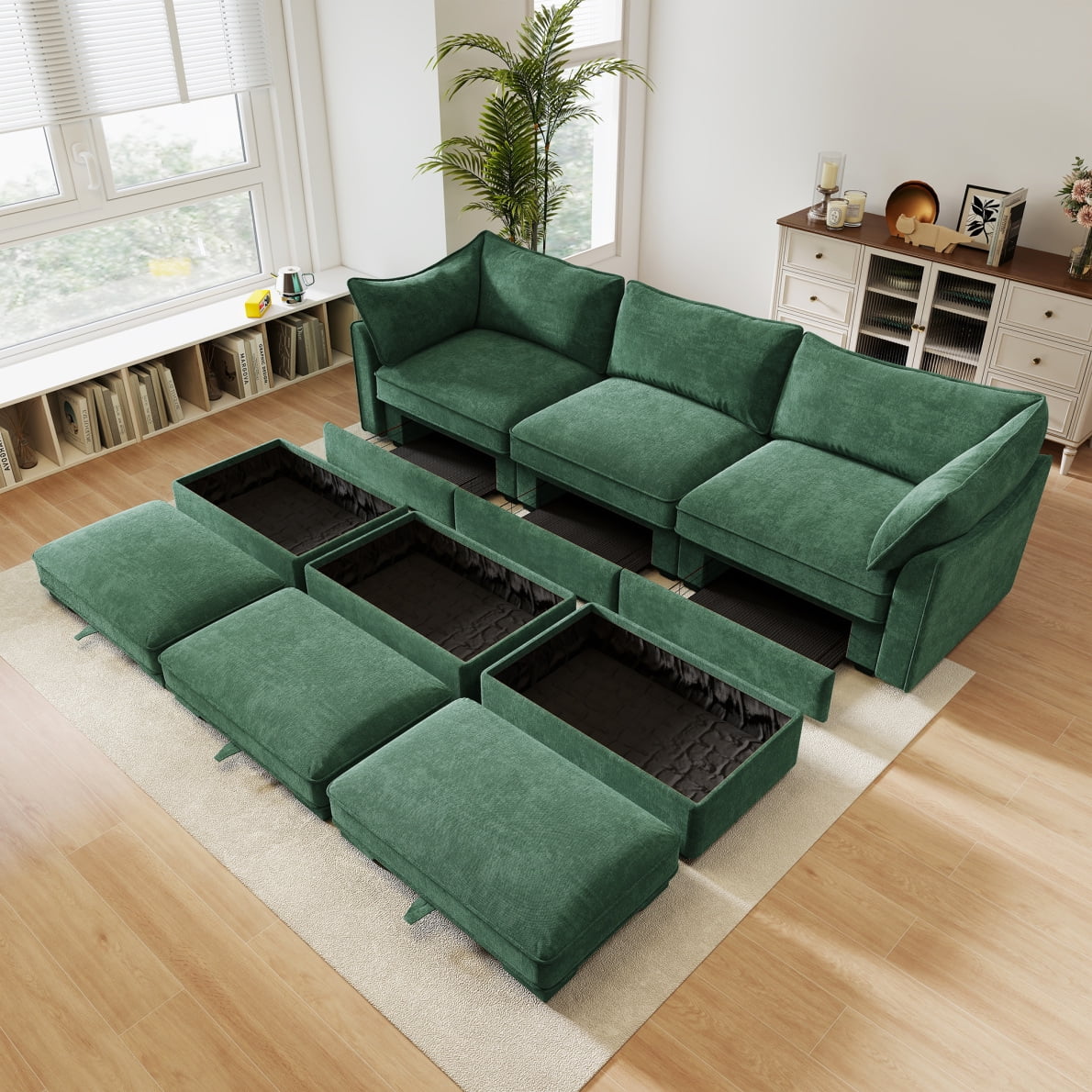 3 Seater Sofa with 3 Ottomans, Wide Deep Seat Modular Sectional Sleeper ...