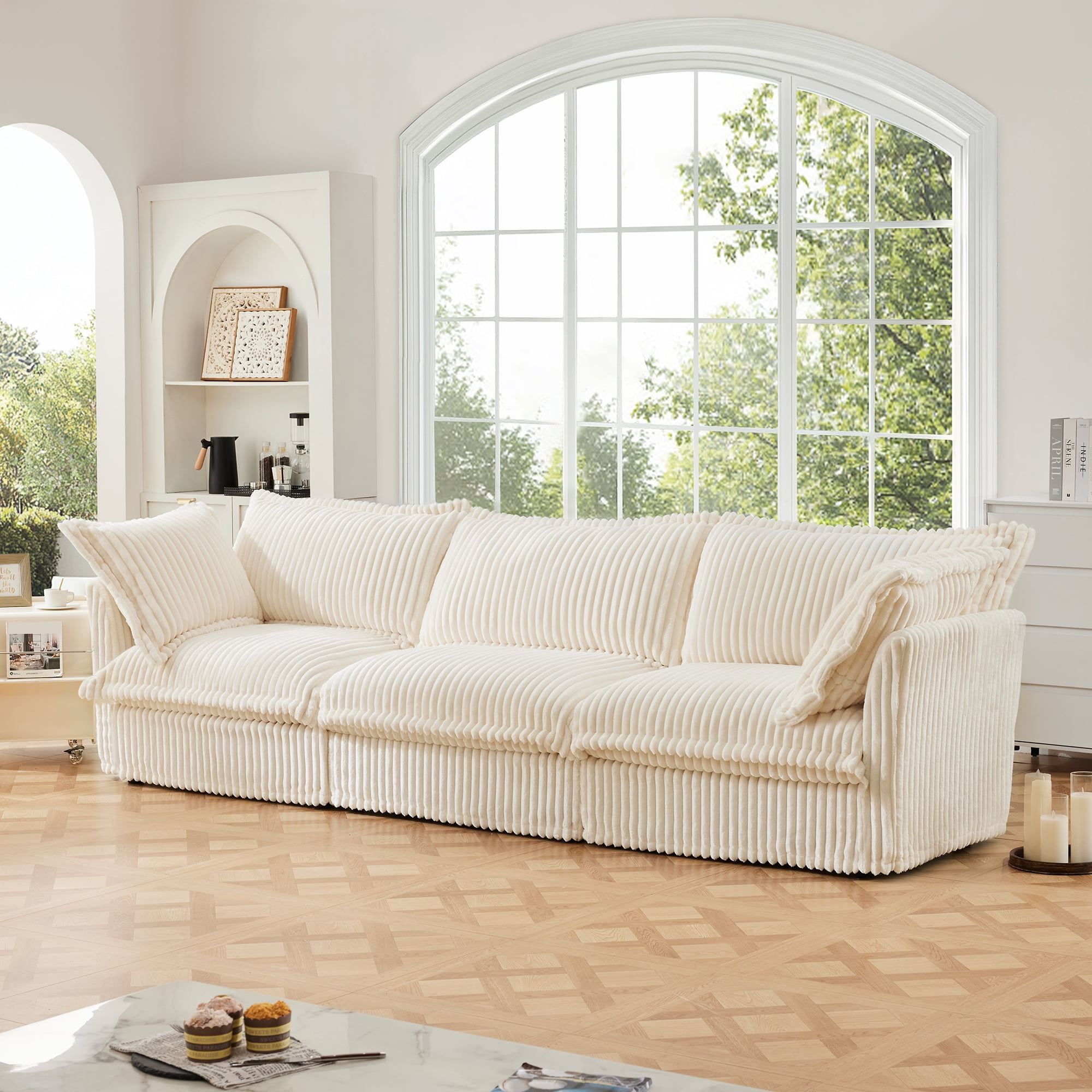 3 Seater Sofa, Corduroy Deep Seat Sofa with Slip-cover and Pillow ...