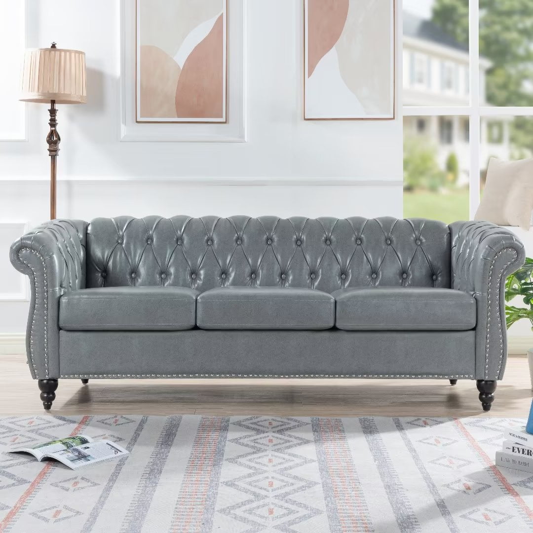 3 Seater Sofa Couch, PU Leather Upholstered Accent Sofa with Nailhead Trims & Rolled Arms ...