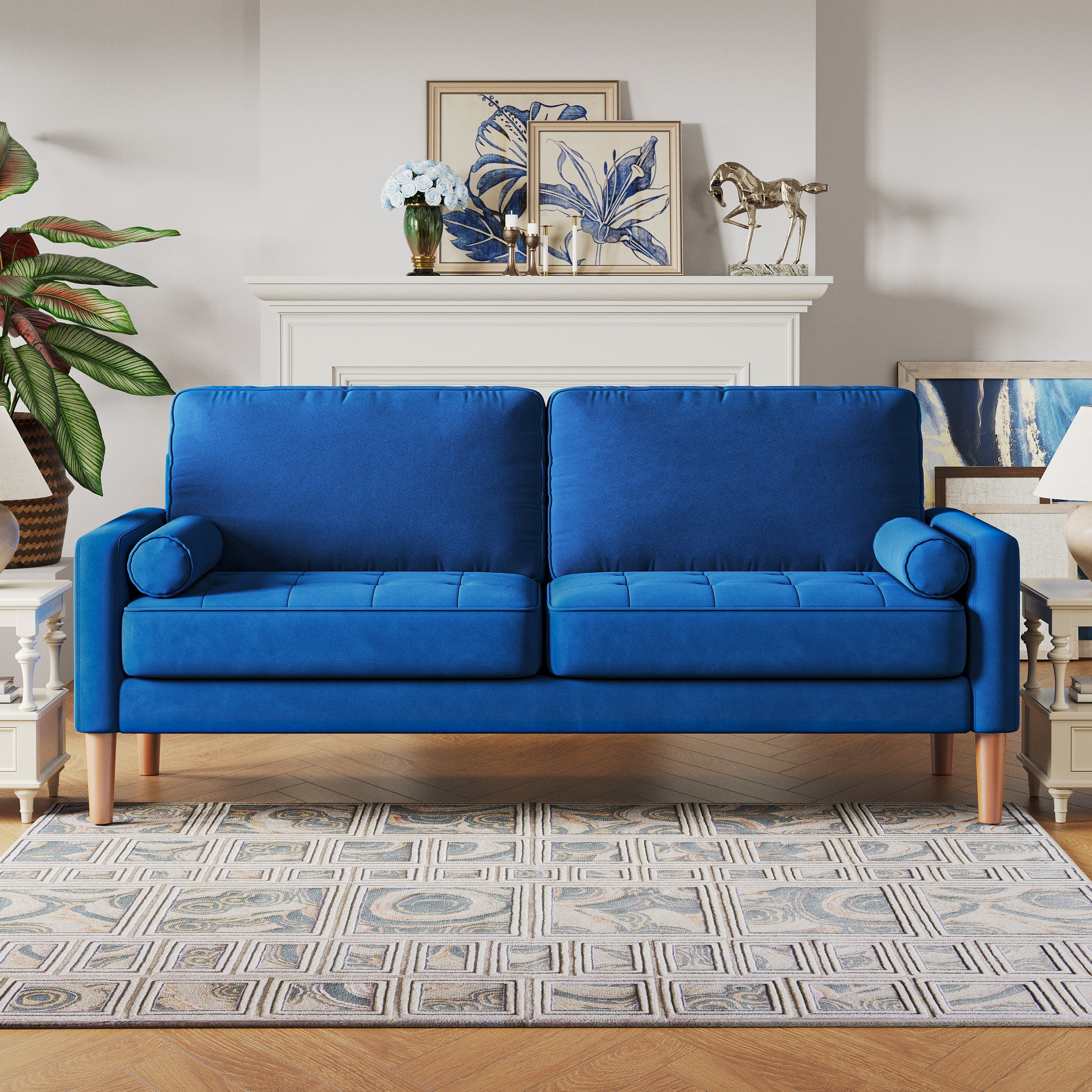 Mitinya Velvet Modern Upholstered 3 Seater Sofa with Pillows and ...