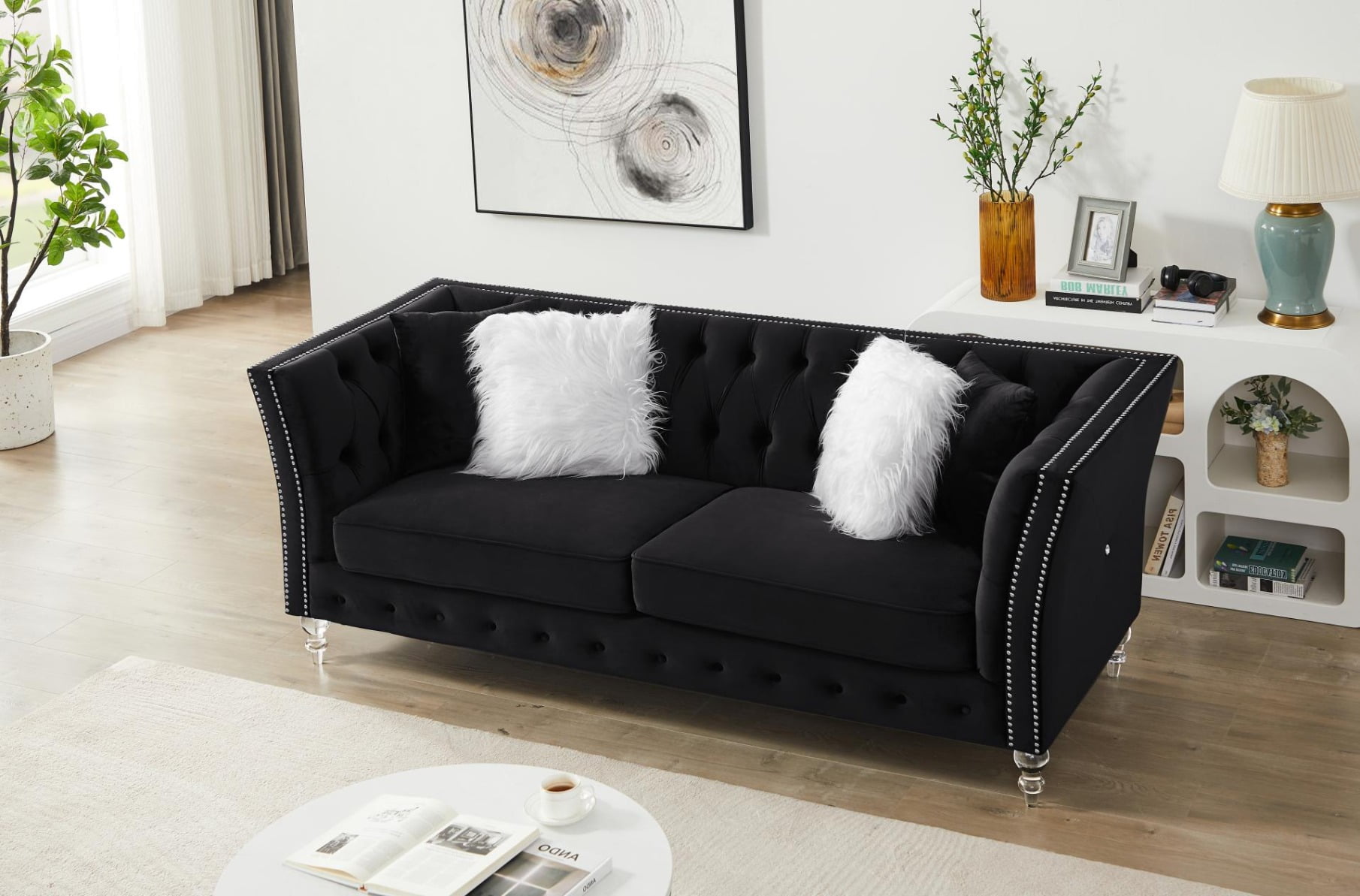 3-Seater Sofa, Modern Velvet Lounge Couch Sofa with Three Pillows, Deep ...