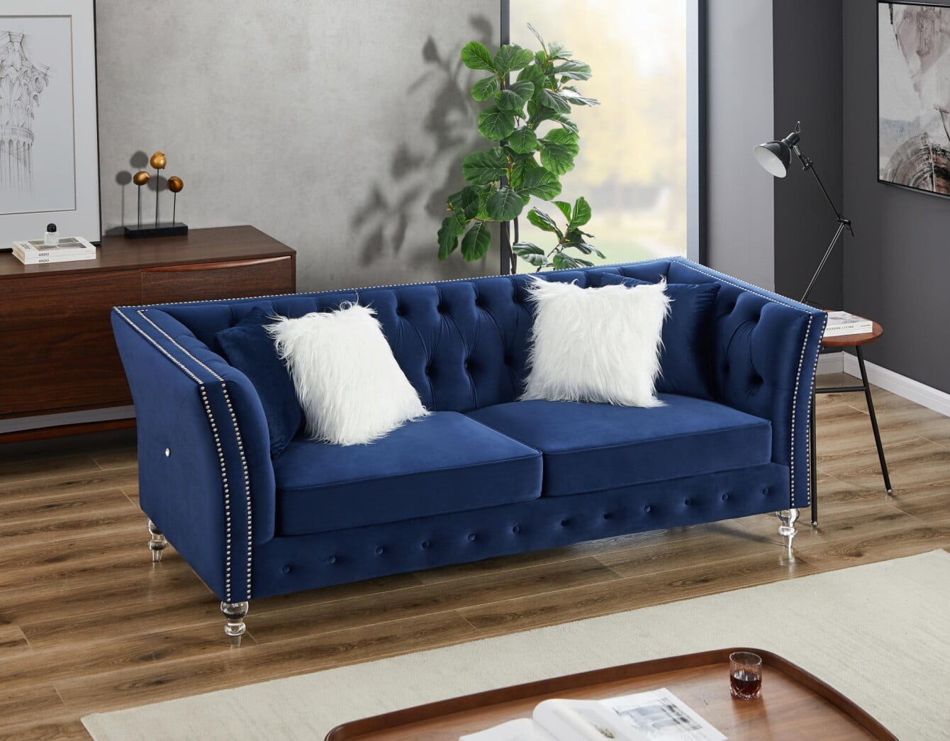 3-Seater Sofa, Modern Velvet Lounge Couch Sofa with Three Pillows, Deep ...
