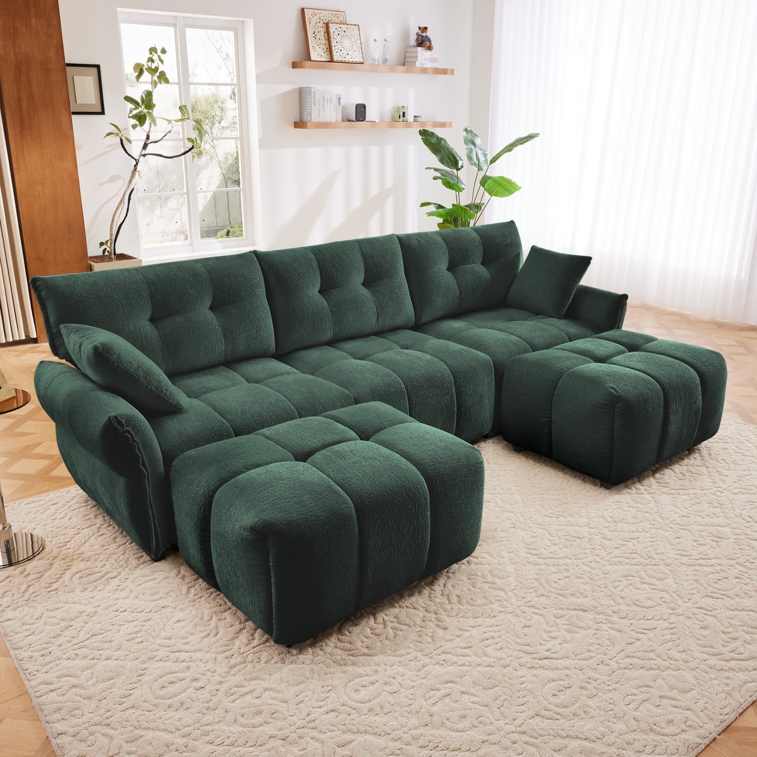 3 Seater Sofa Set With Ottoman And Throw Pillows, Sturdy Solid Wood ...