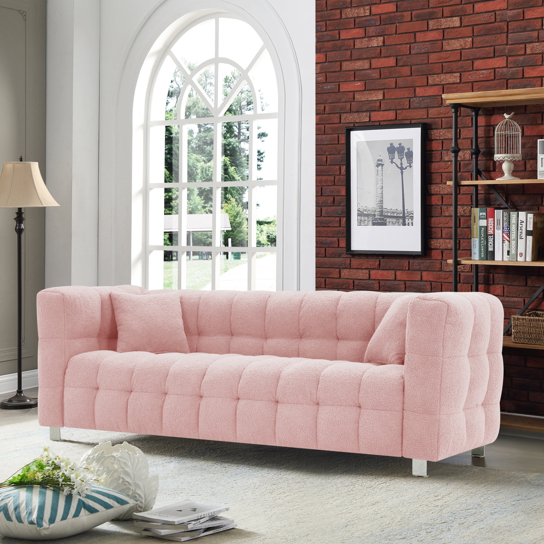 3-Seater Sofa, Teddy Fabric Couch with Solid Wood Wood Frame, Two Throw ...