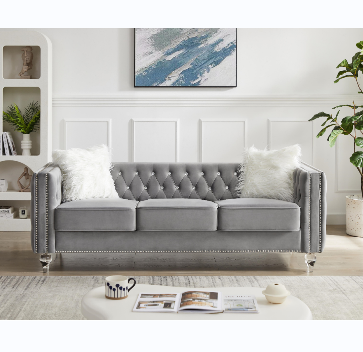 3 Seater Velvet Crystal Buckle Uphostered Sofa with 2 Plush Pillows ...