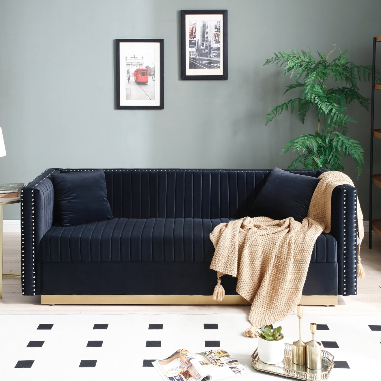 3 Seater Velvet Sofa with 2 Pillows and High Density Foam Cushions ...