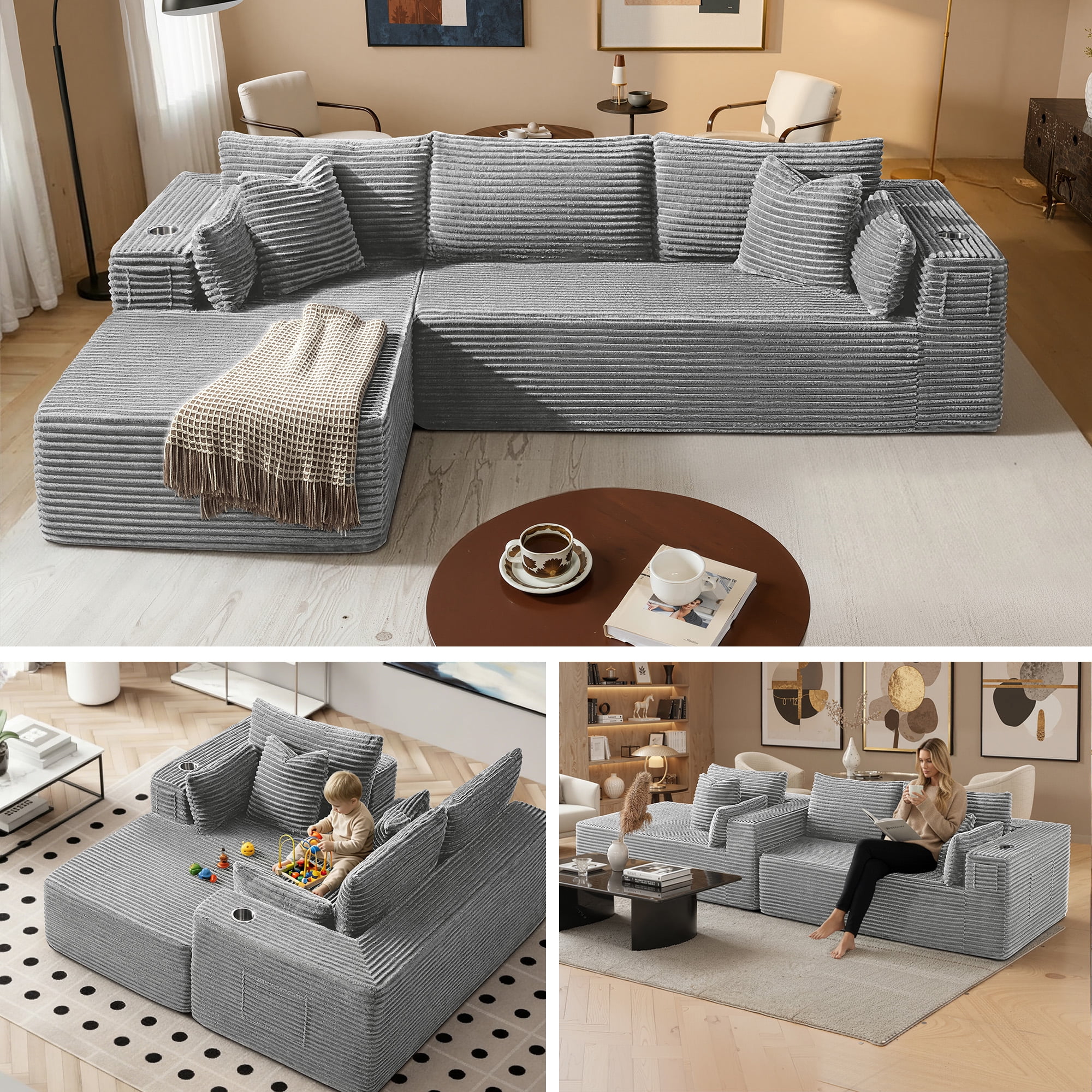 3 Seats Boneless Modular Cloud Sectional Sofa with Chaise, Extra-Wide ...