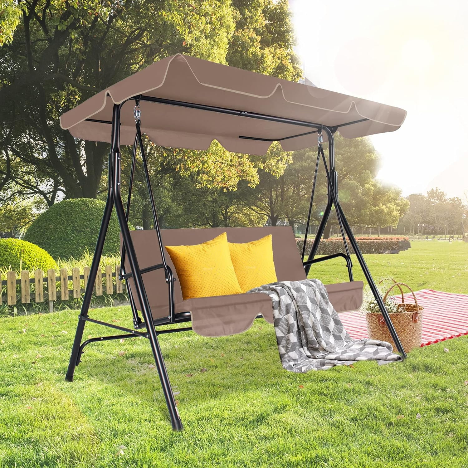 3-Seats Outdoor Patio Swing Chairs with Adjustable Tilt Canopy ...