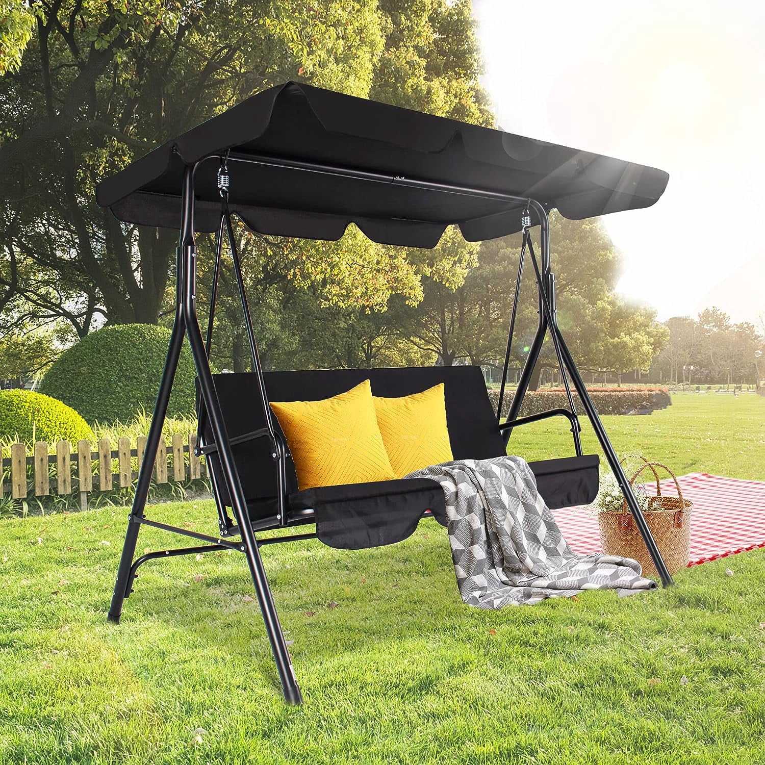 3-Seats Outdoor Patio Swing Chairs, Porch Swing with Adjustable Tilt ...