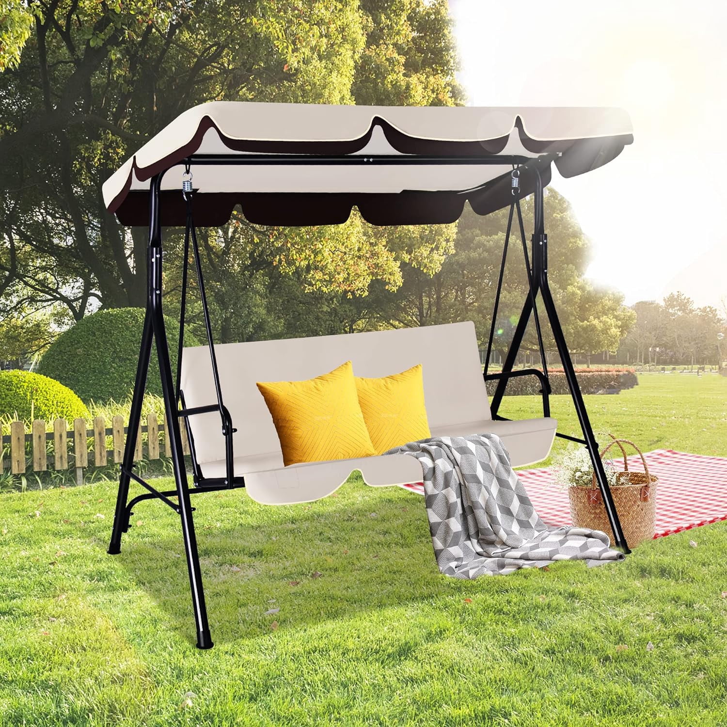 3-Seats Outdoor Porch Swing Patio Swing Chairs with Adjustable Tilt Canopy & Durable Steel Frame ...