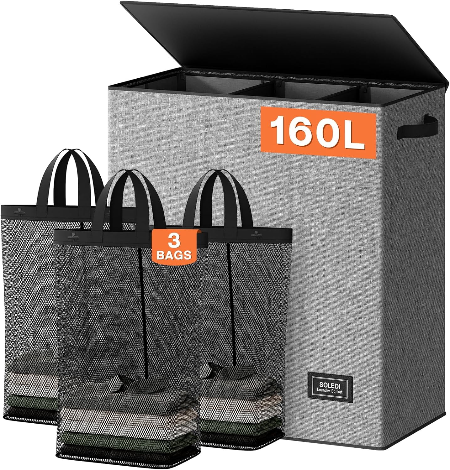 160L Laundry Hamper 3 Section, Extra Large Laundry Hamper with Lid ...