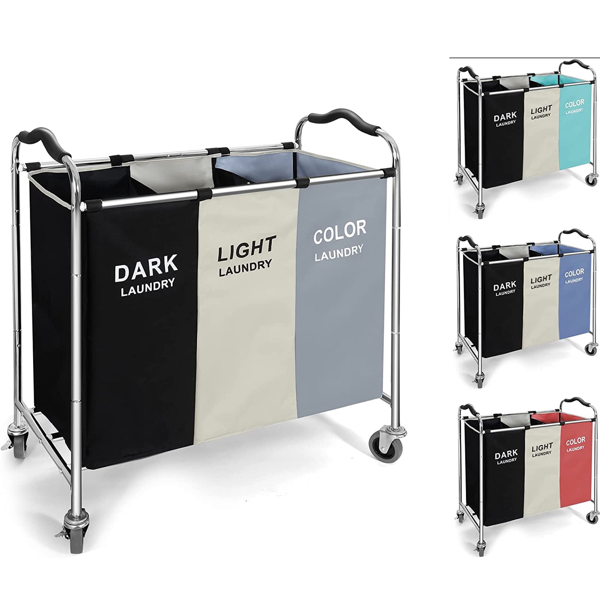 3 Section Laundry Hamper, 240L Storage Unit Space, Rolling Laundry ...