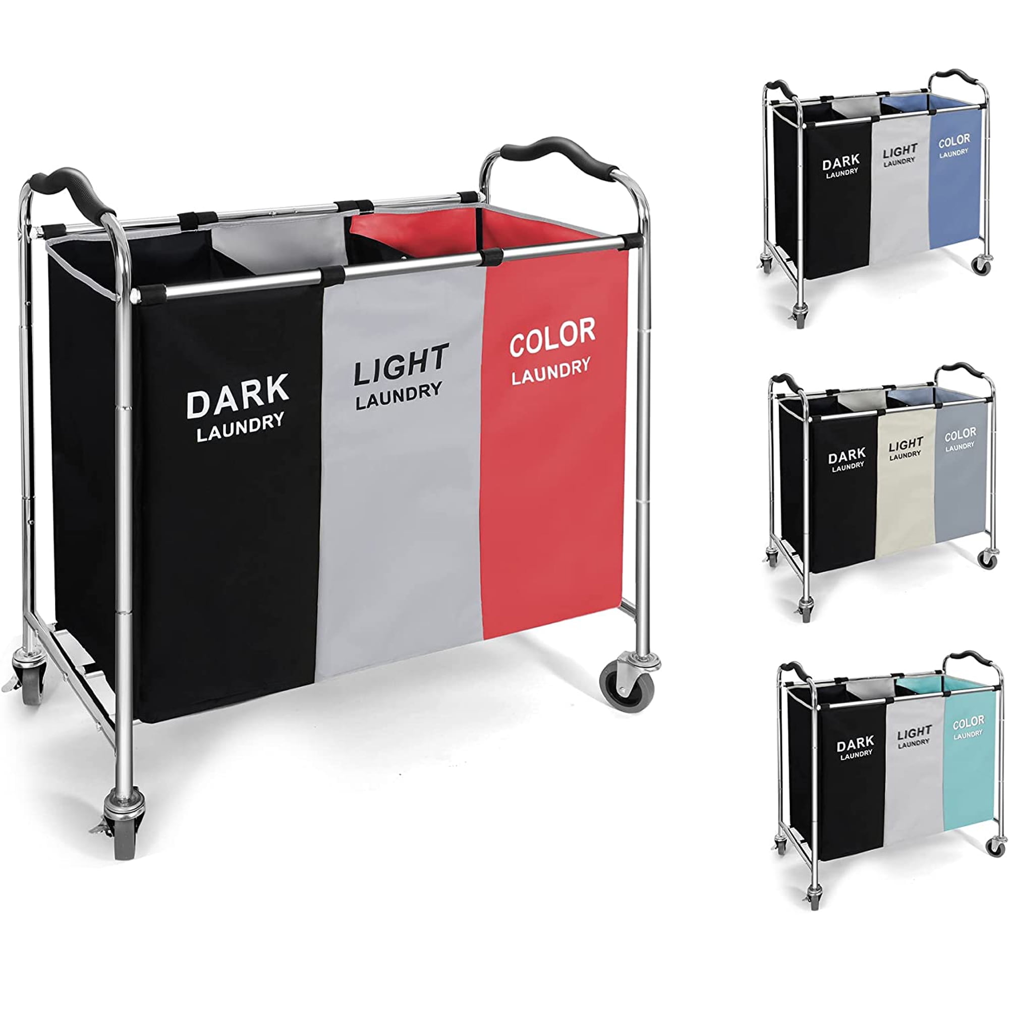 3 Section Laundry Hamper, 240L Laundry Basket with Wheels, Large ...