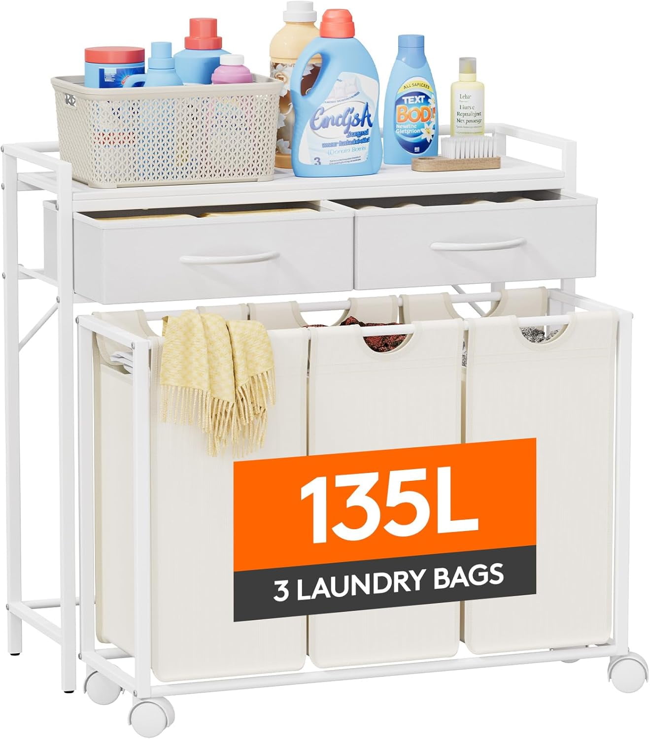 3 Section Laundry Hamper, Large Rolling Laundry Sorter with Shelf and 2 ...