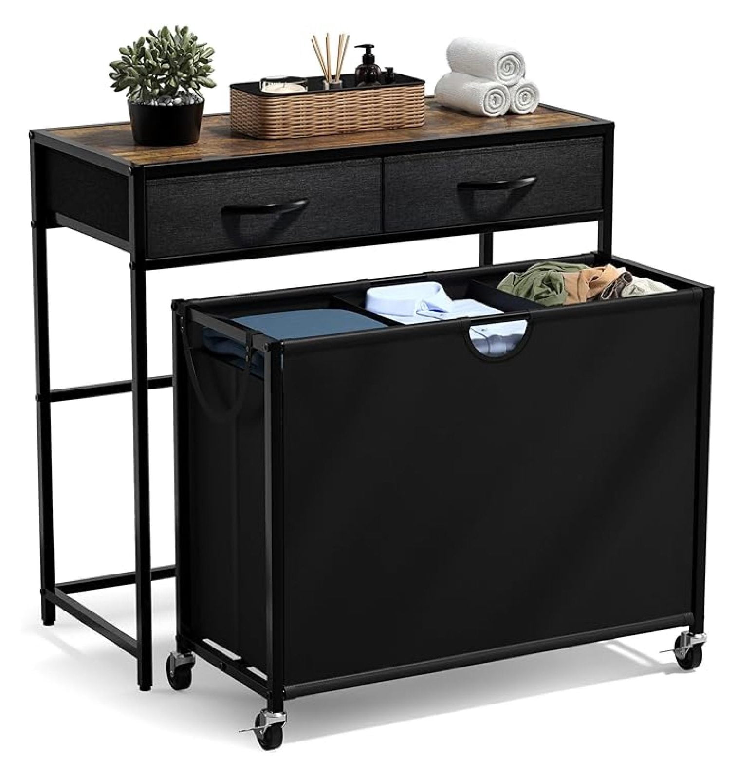 3 Section Laundry Hamper with Shelf and 2 Drawers for Laundry Room ...