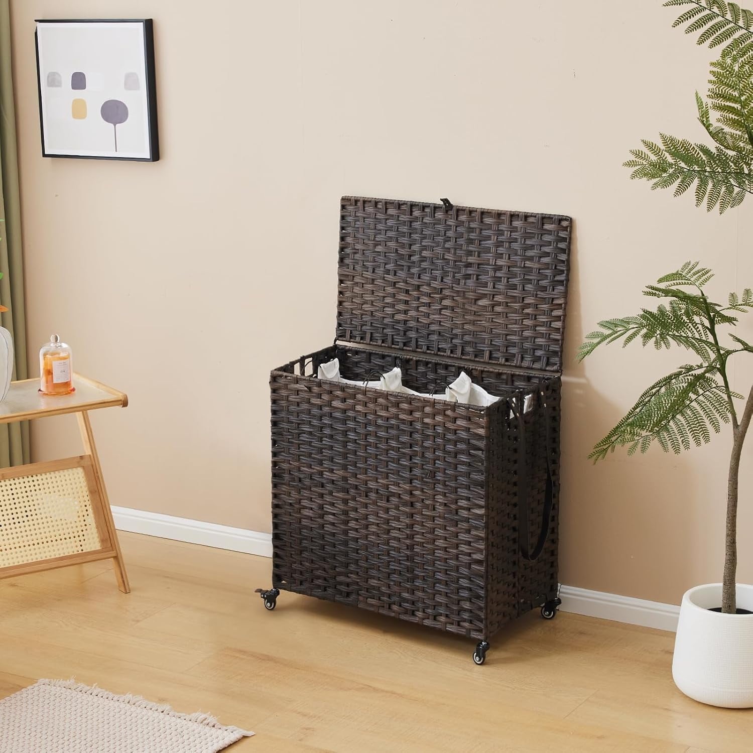 3 Section Laundry Hamper with Wheels, Large Rattan Style Rolling ...