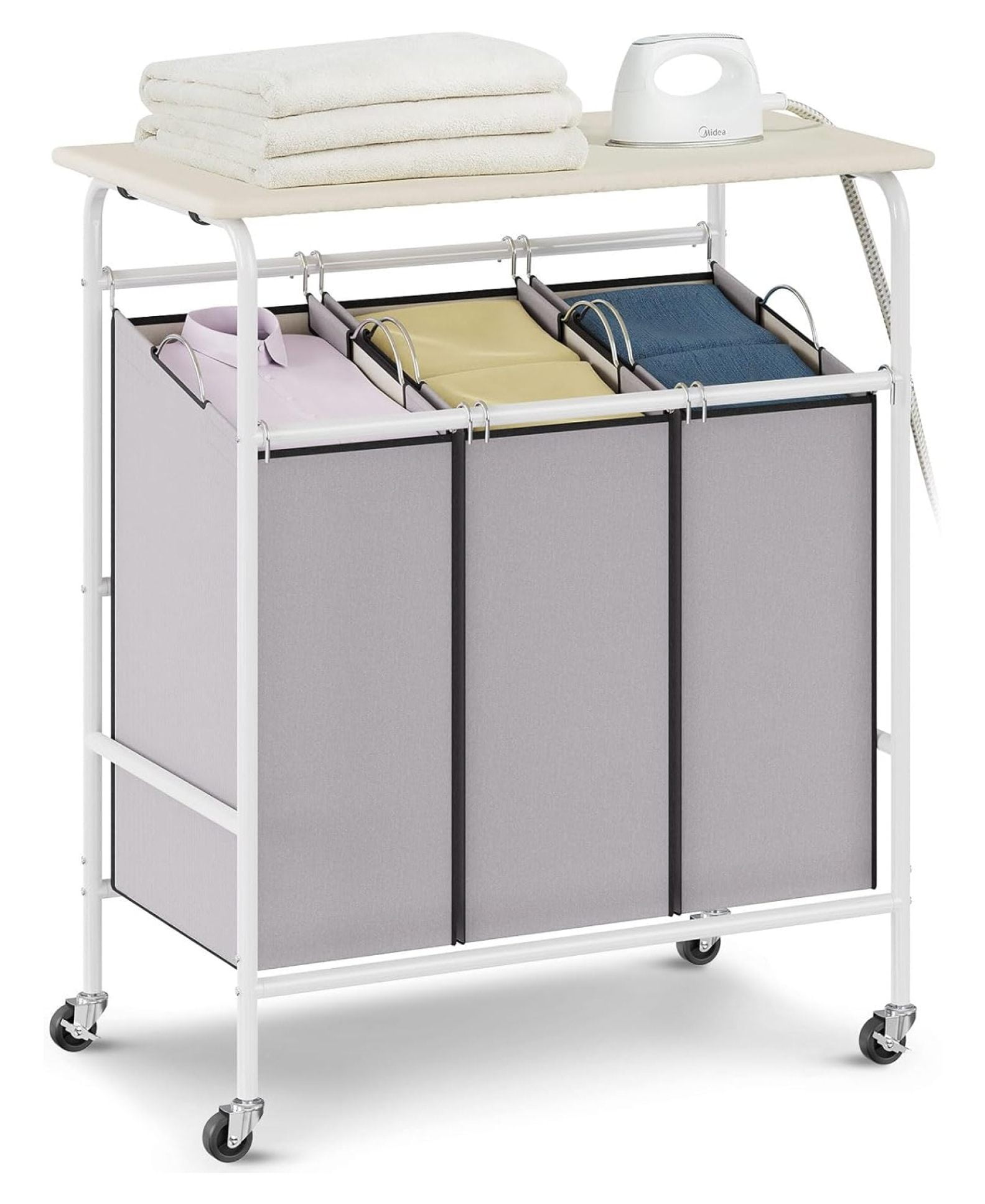 3-Section Laundry Sorter Cart with Ironing Board, Heavy Duty with ...