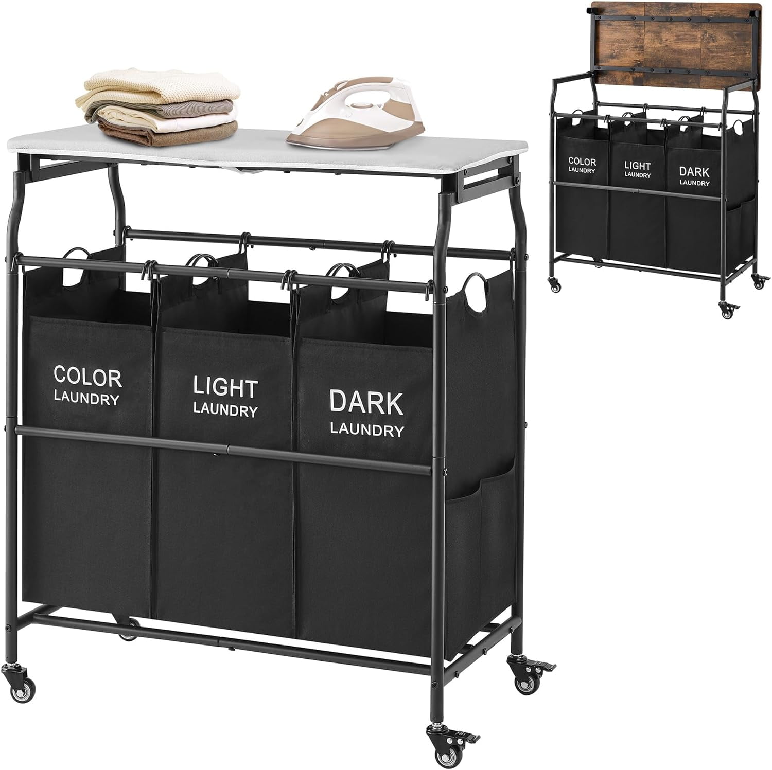 3 Section Laundry Sorter Cart with Ironing Board, Laundry Hamper with ...