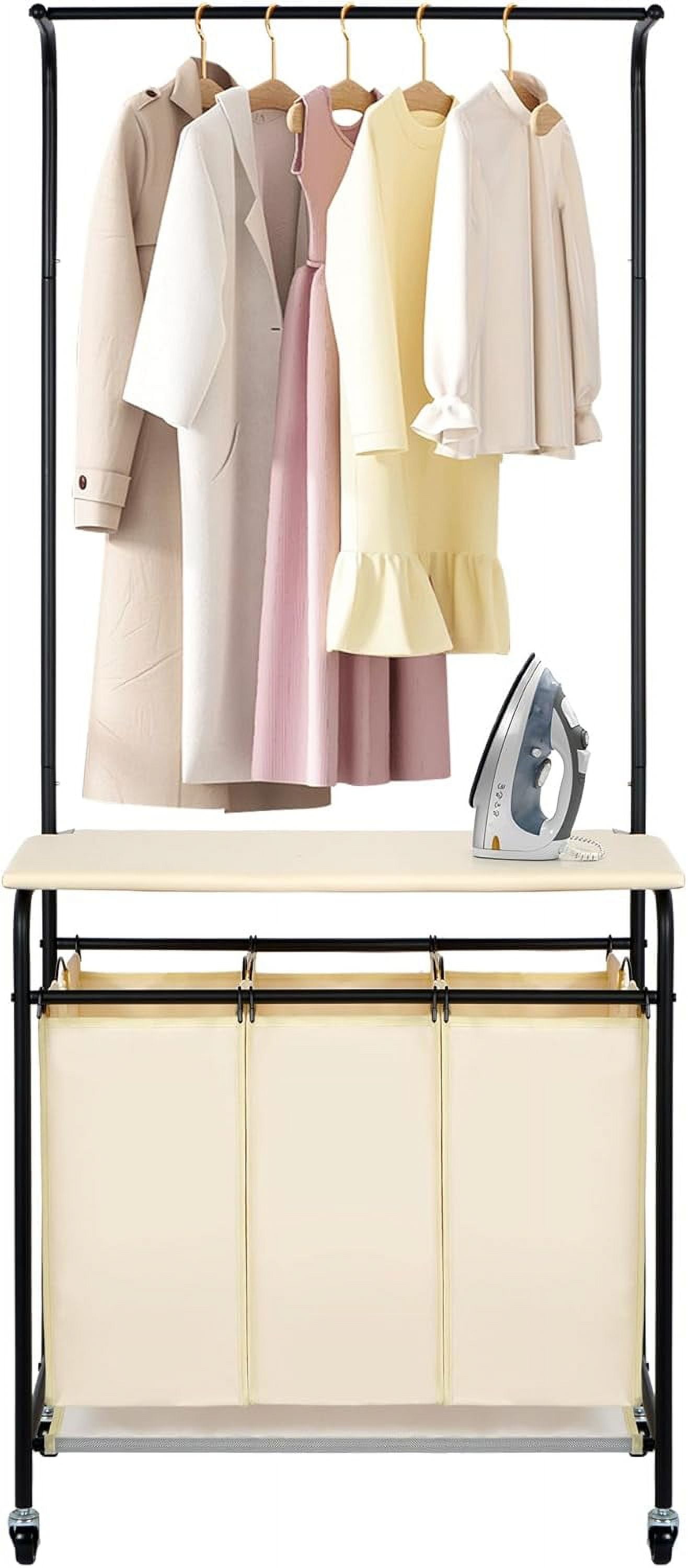 3 Section Laundry Sorter with Garment Hanging Bar Rack Foldable Ironing ...