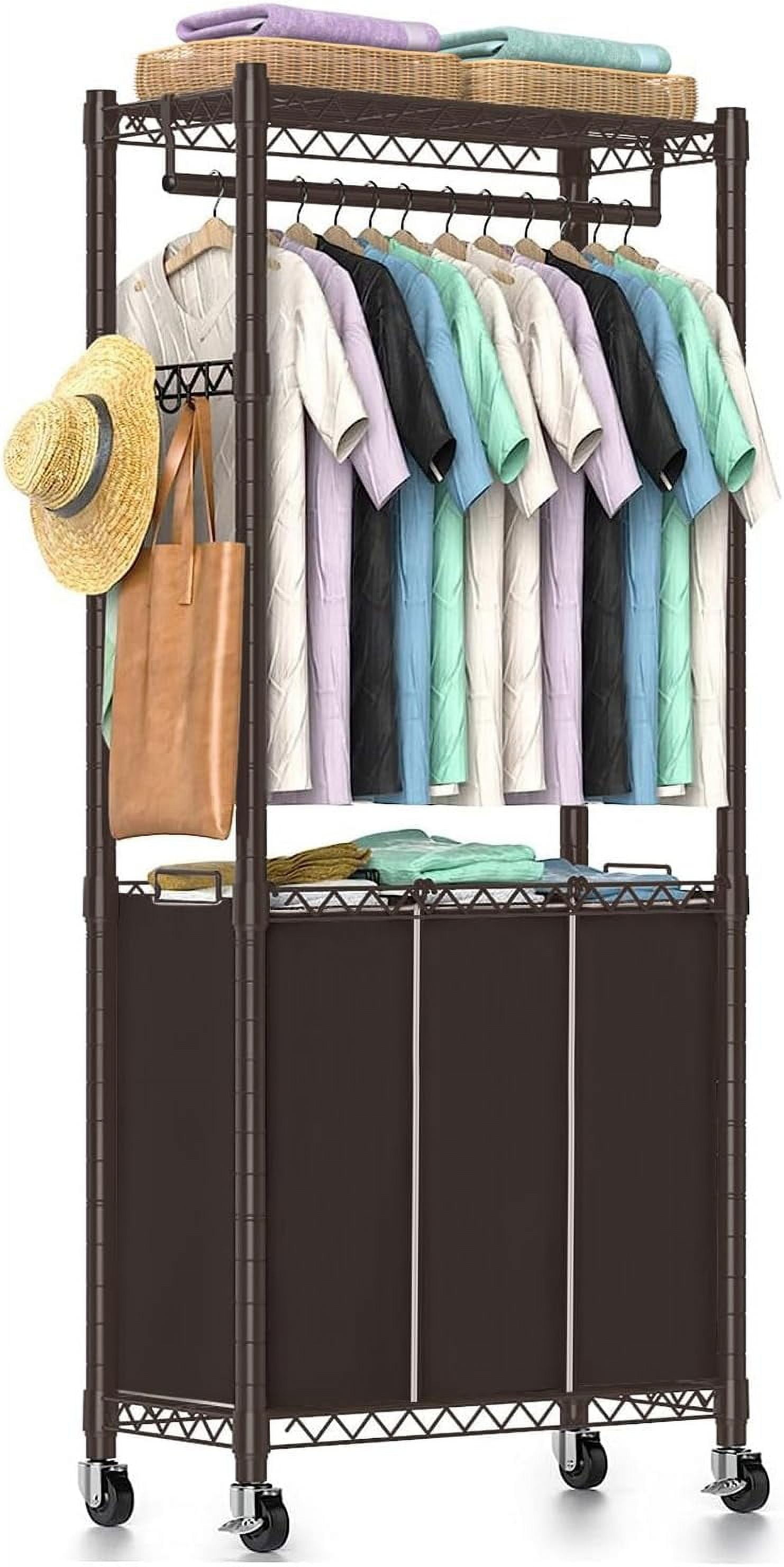 3-Section Laundry Sorter With Hanging Bar, Rolling Hamper Cart, Basket ...