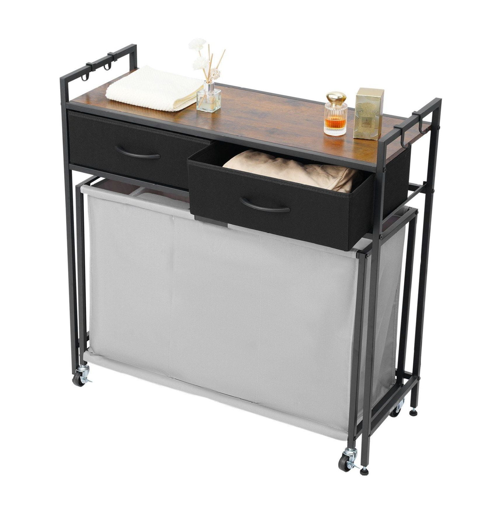3 Section Laundry Sorter, Rolling Laundry Hamper with 2 Drawers ...